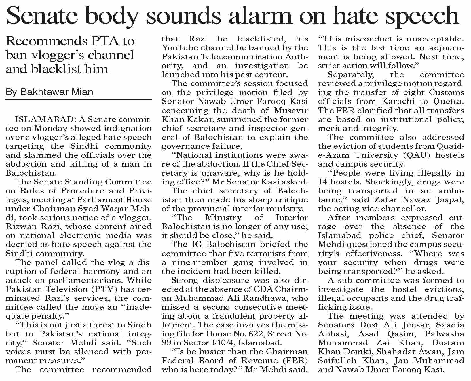Dawn-ePaper | Sep 16, 2025 | Senate body sounds alarm on hate speech