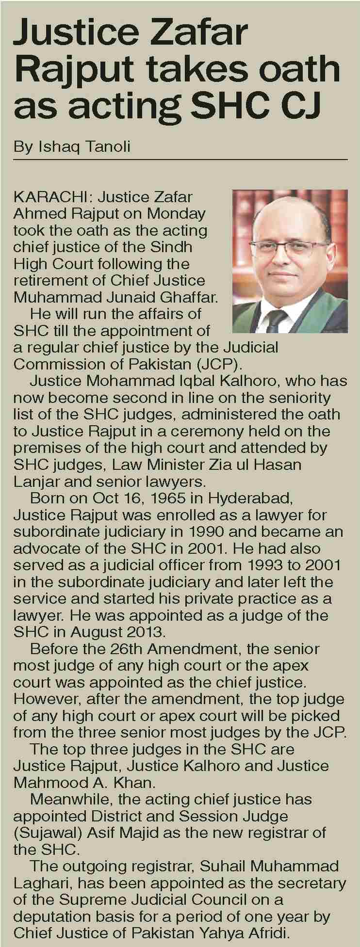 Dawn-ePaper | Sep 16, 2025 | Justice Zafar Rajput takes oath as acting ...