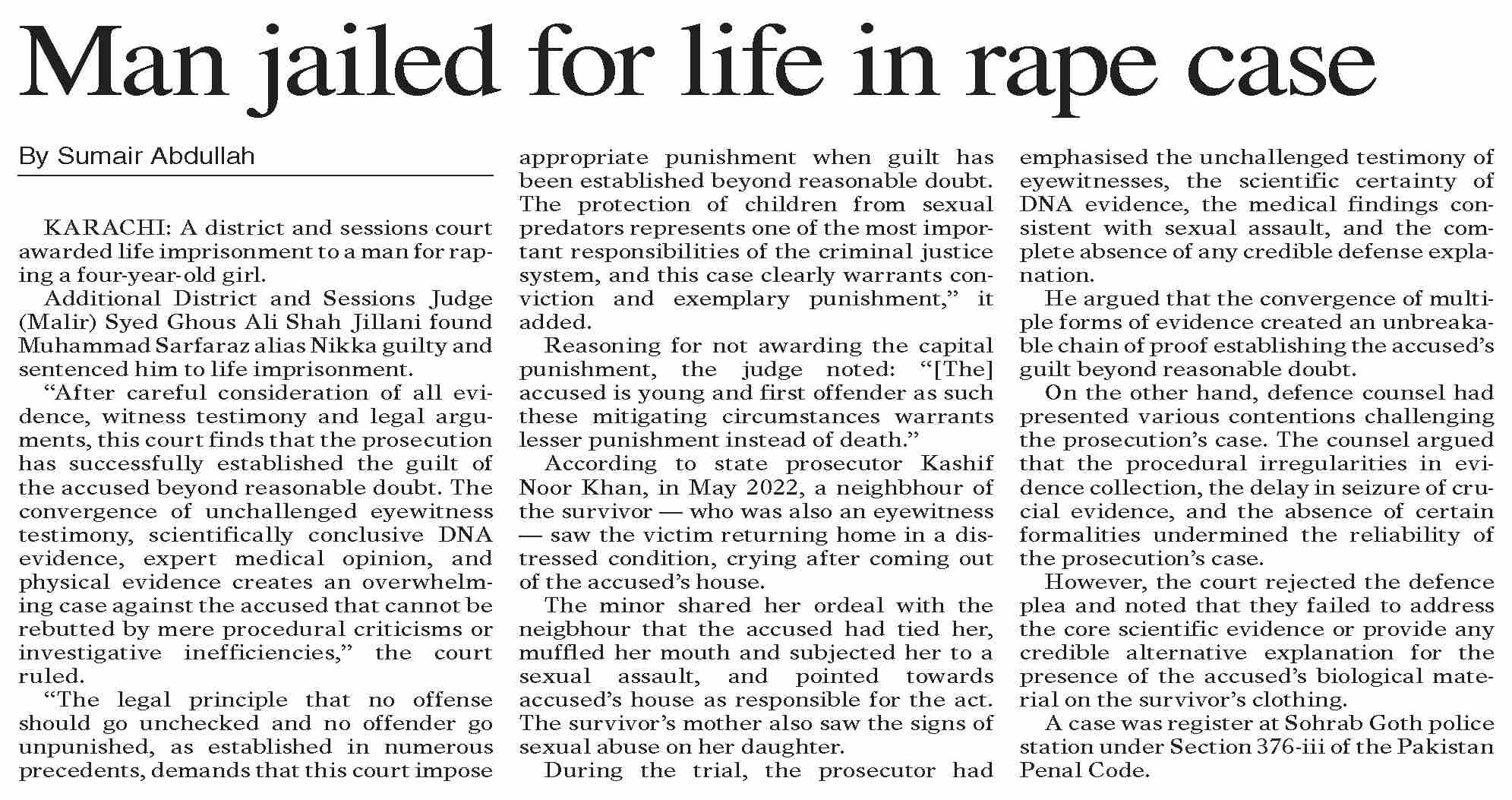 Dawn-ePaper | Sep 17, 2025 | Man jailed for life in rape case