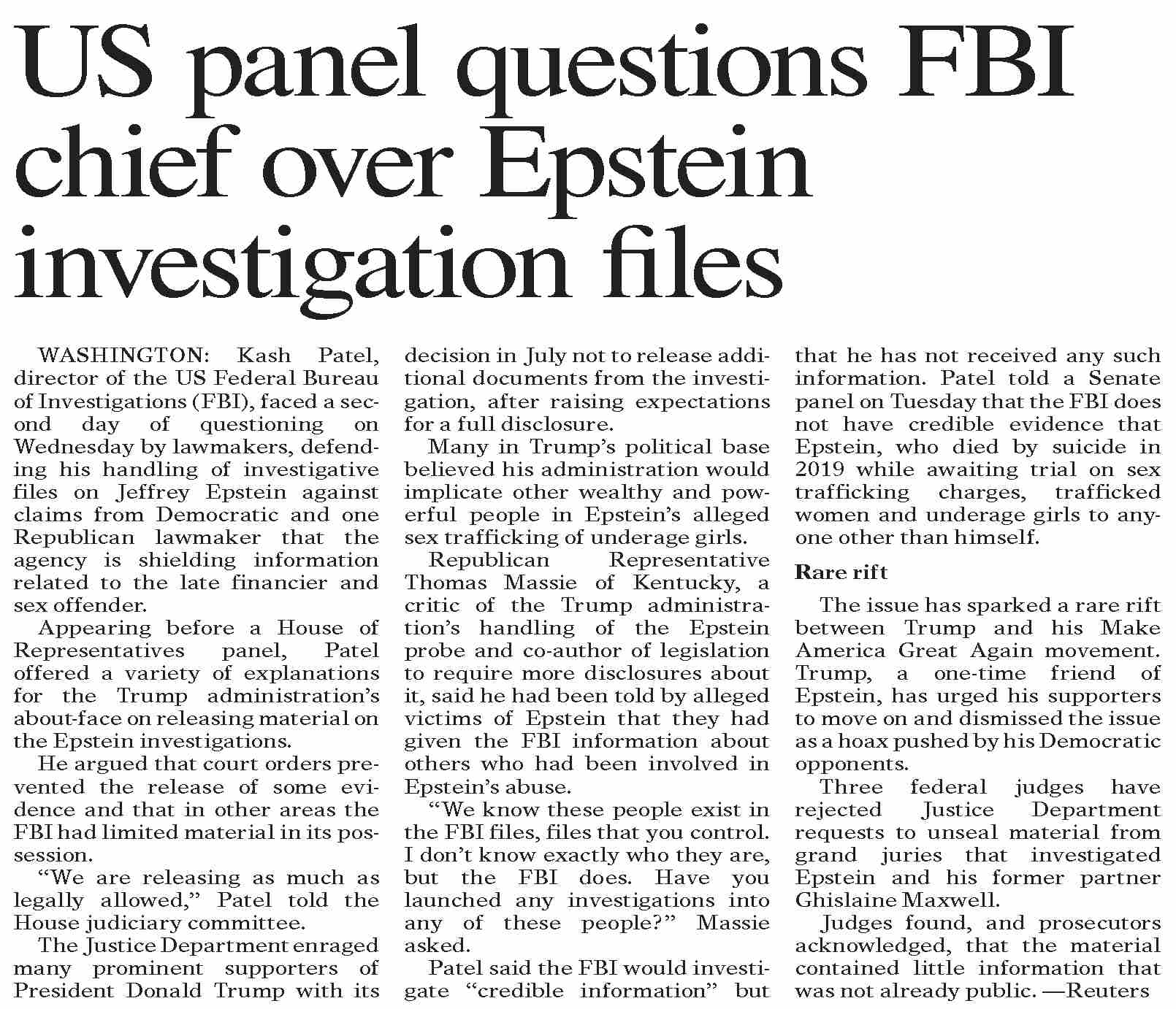 Dawn-ePaper | Sep 18, 2025 | US panel questions FBI chief over Epstein ...