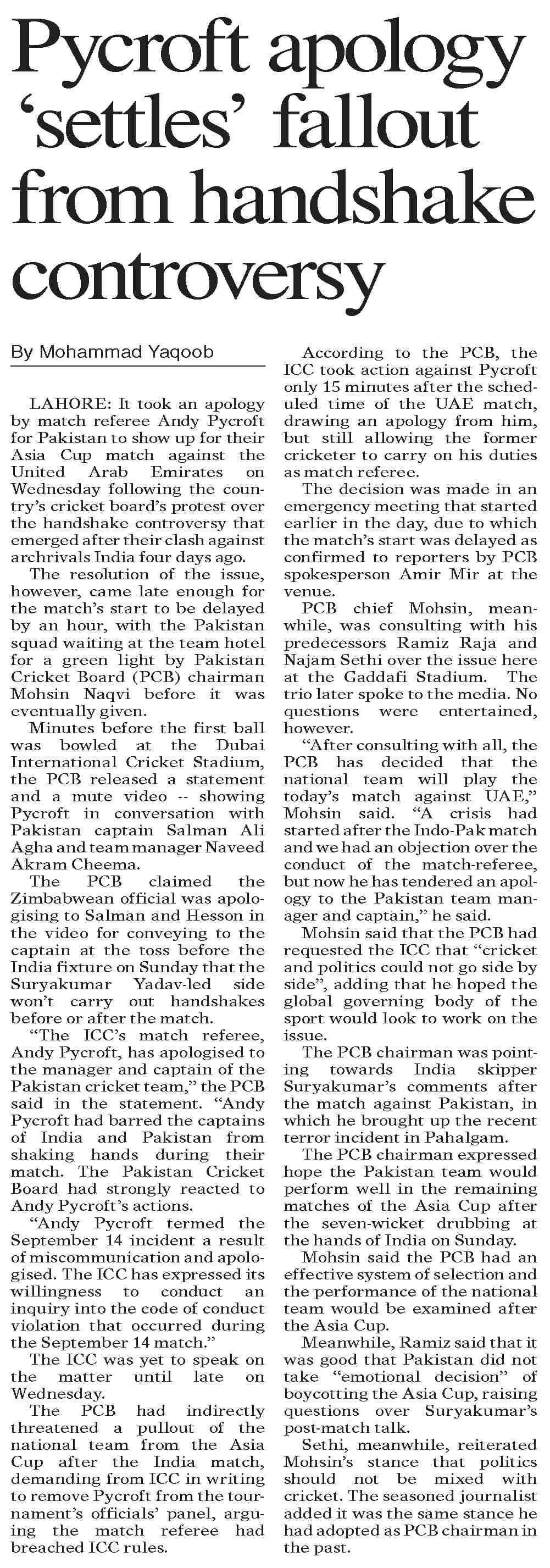 Dawn-ePaper | Sep 18, 2025 | Pycroft apology `settles` fallout from ...