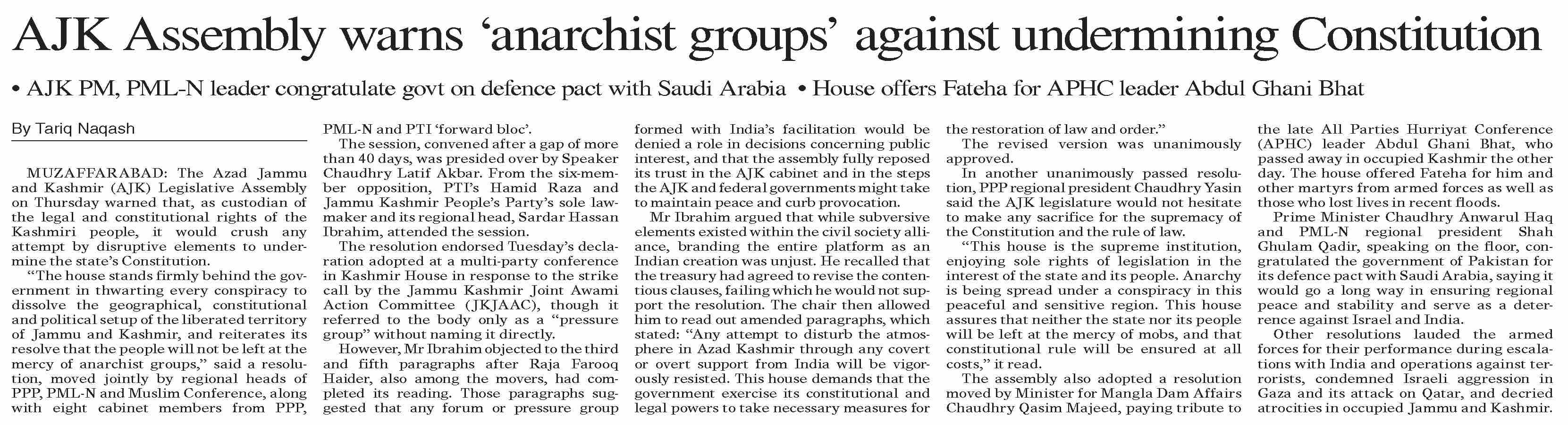 Dawn-ePaper | Sep 19, 2025 | AJK Assembly warns `anarchist groups ...