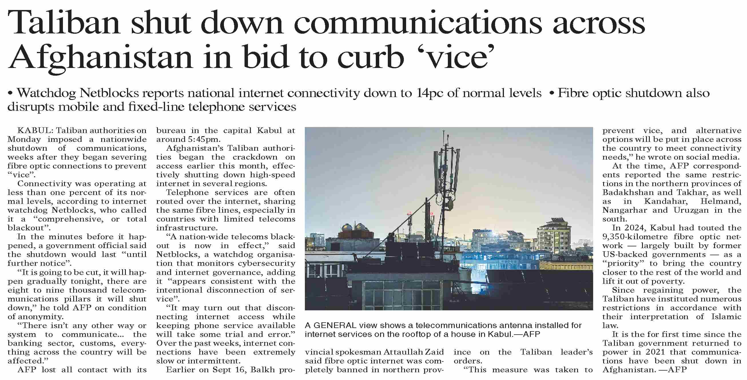 Dawn-ePaper | Sep 30, 2025 | Taliban shut down communications across ...