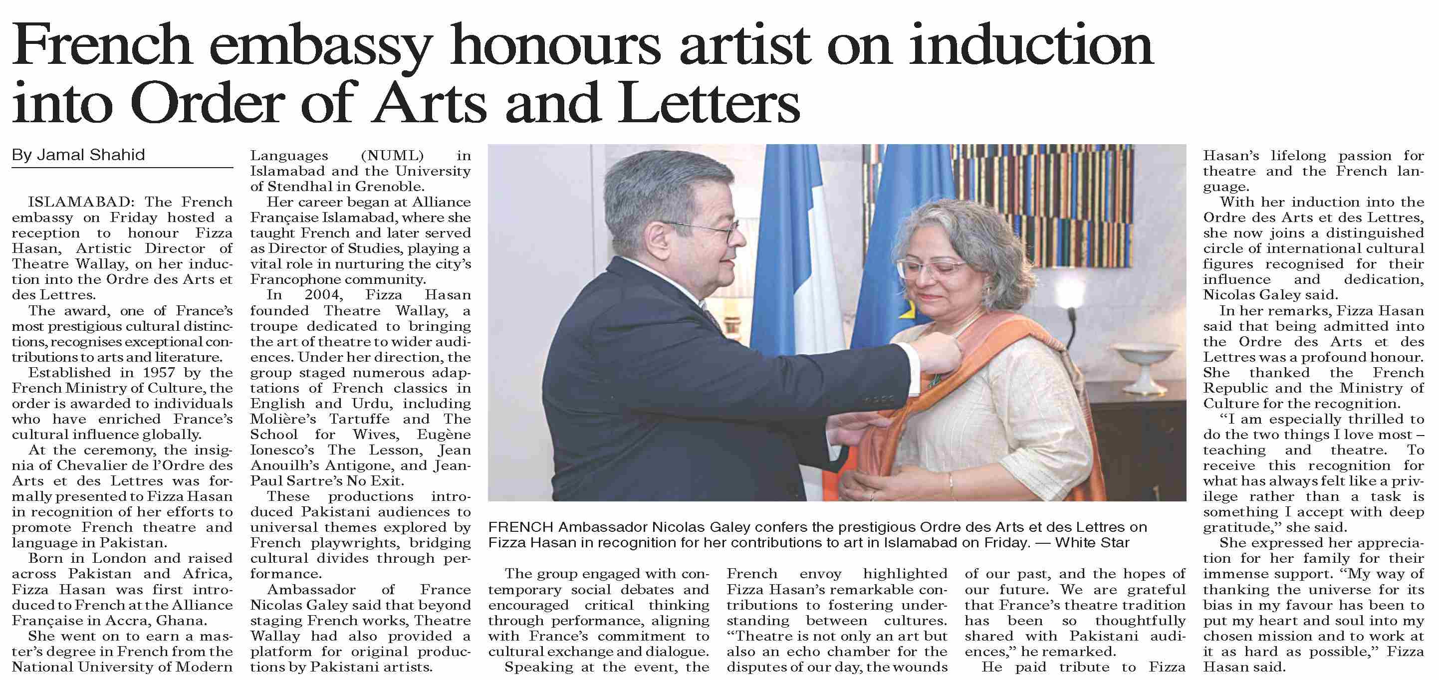 Dawn-ePaper | Oct 04, 2025 | French embassy honours artist on induction ...