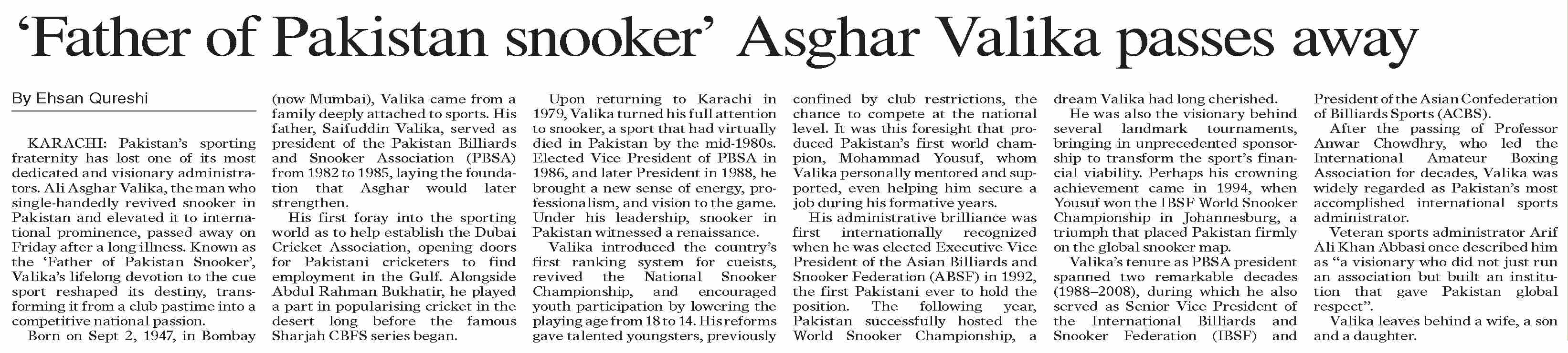 Dawn-ePaper | Oct 11, 2025 | Father of Pakistan snooker` Asghar Valika ...