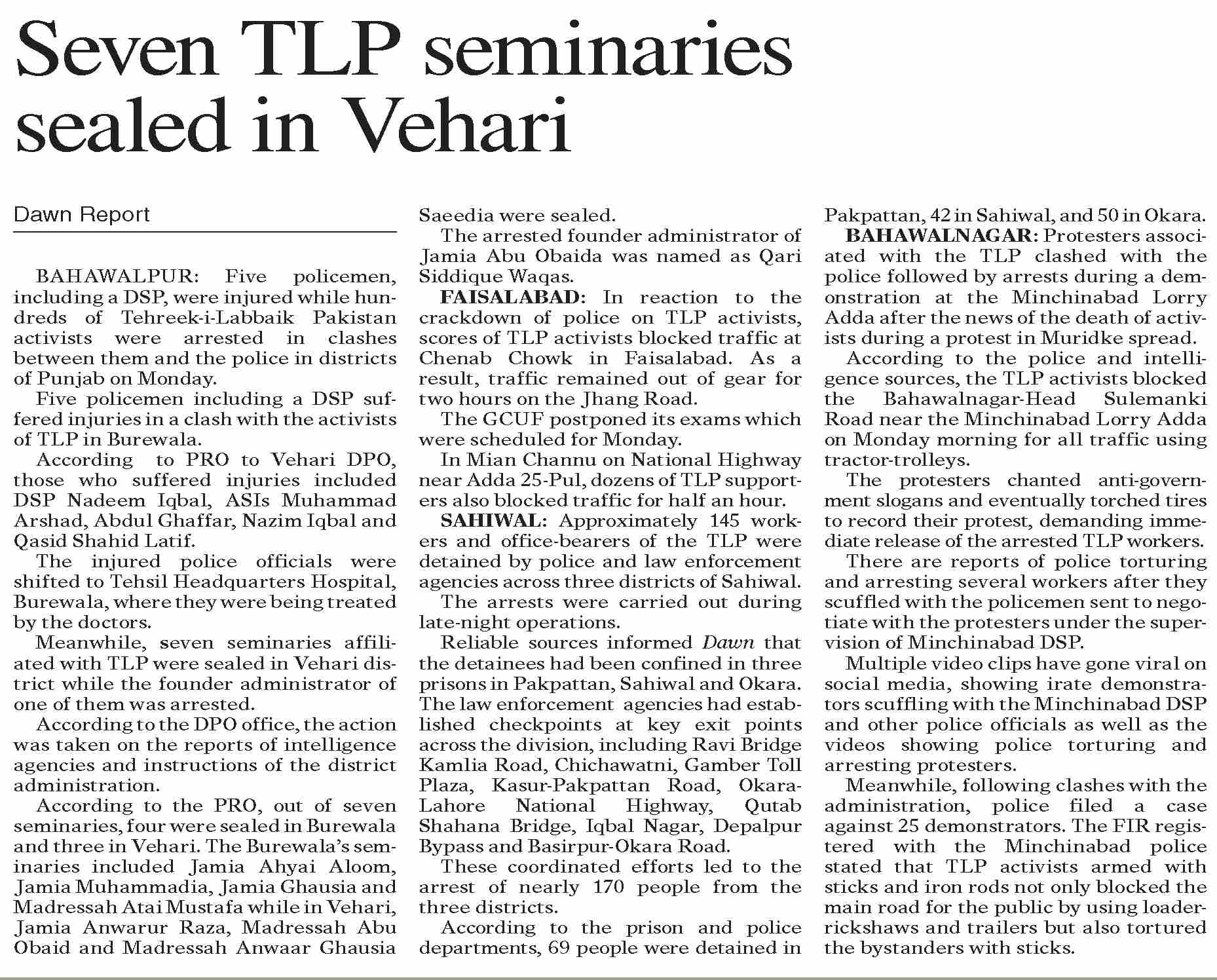 Dawn-ePaper | Oct 14, 2025 | Seven TLP seminaries sealed in Vehari