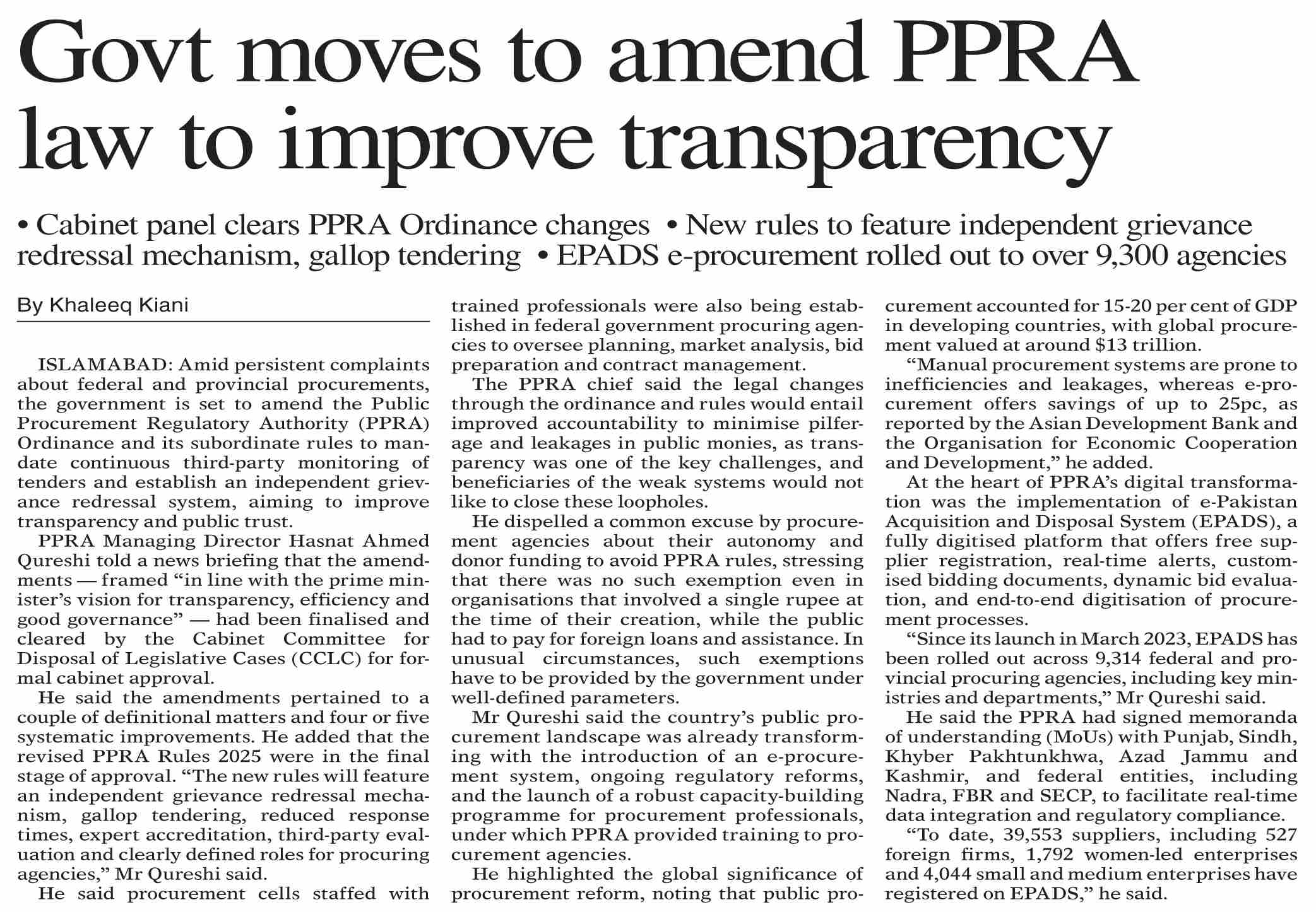 Dawn-ePaper | Oct 15, 2025 | Govt moves to amend PPRA law to improve ...