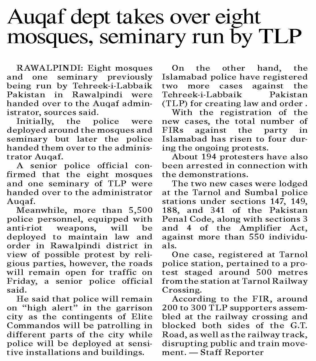 Dawn-ePaper | Oct 17, 2025 | Auqaf dept takes over eight mosques, seminary run by TLP