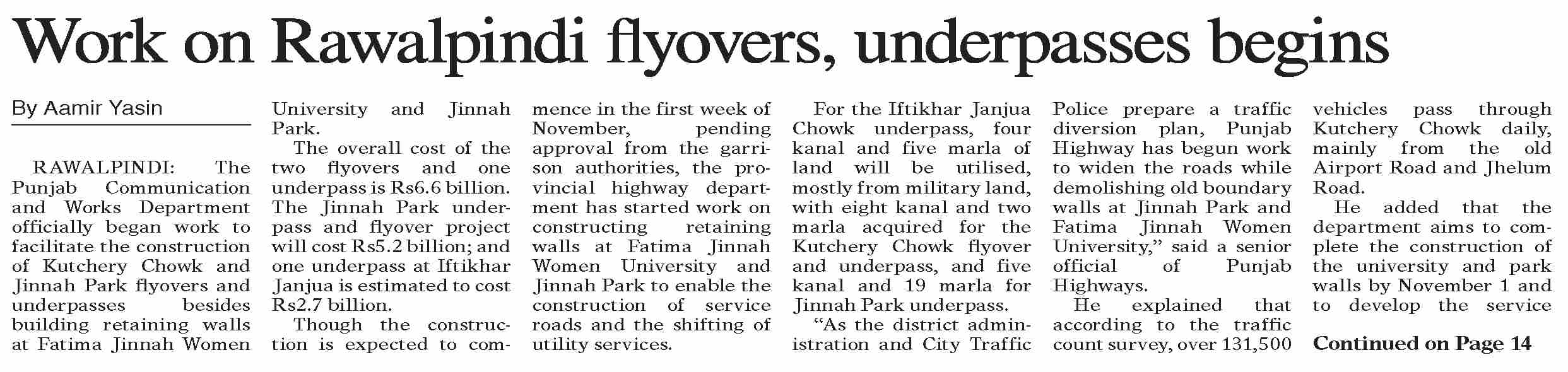 Dawn-ePaper | Oct 20, 2025 | Work on Rawalpindi flyovers, underpasses begins
