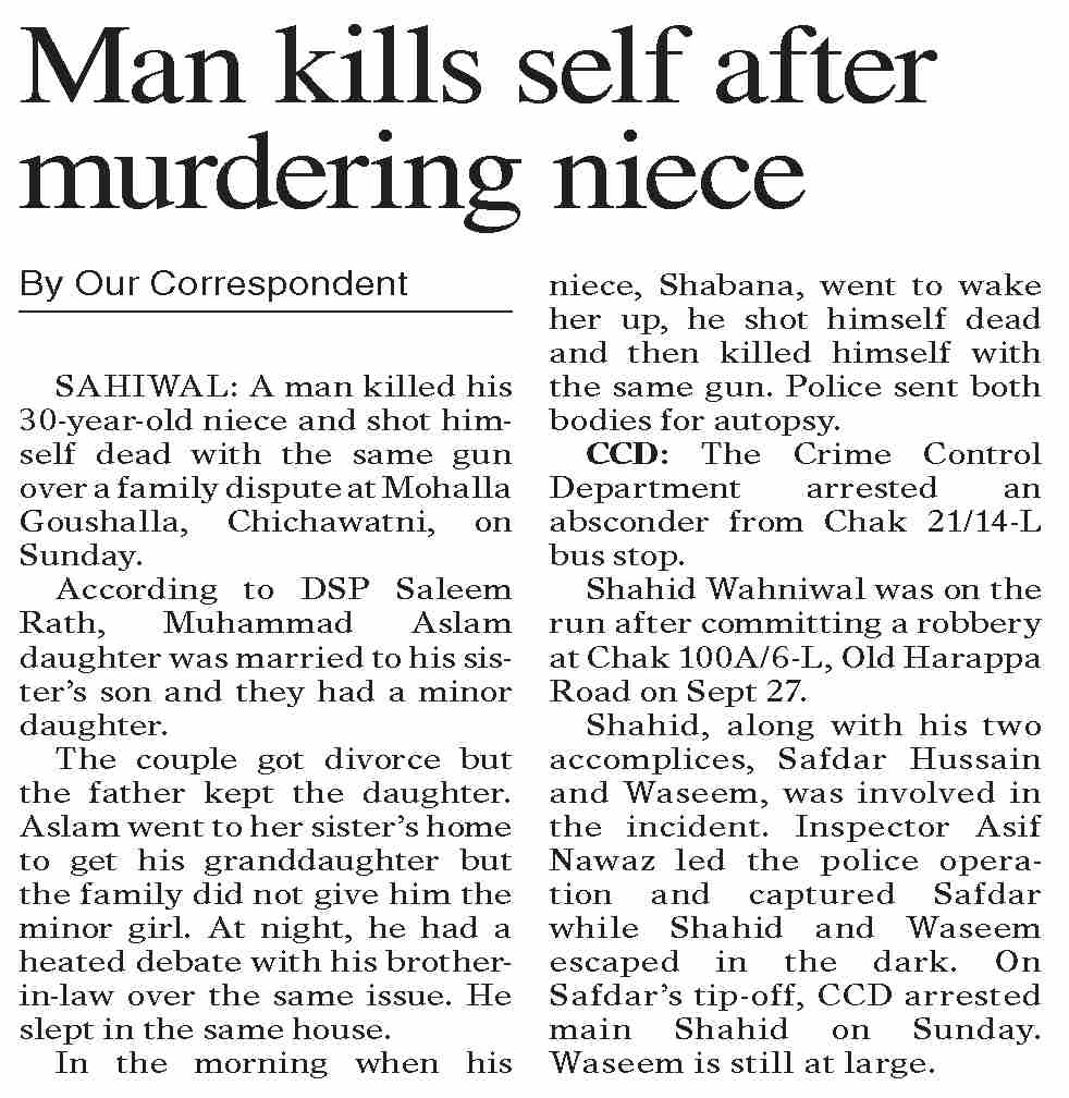 Dawn-ePaper | Oct 20, 2025 | Man kills self after murdering niece