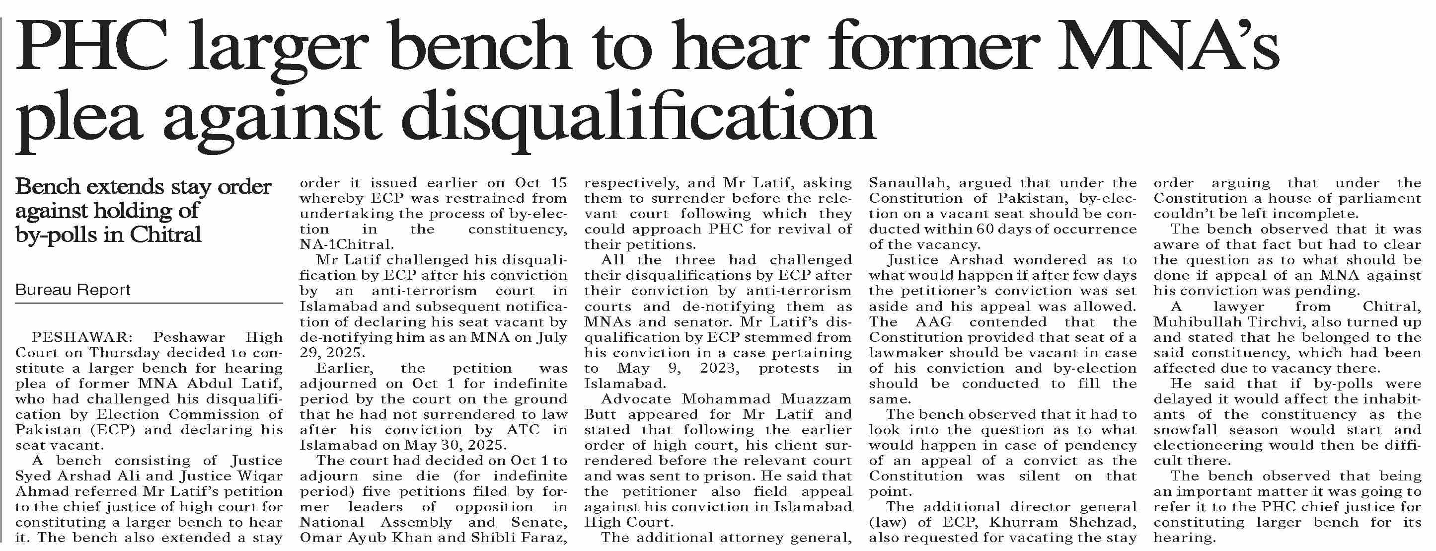 Dawn-ePaper | Oct 24, 2025 | PHC larger bench to hear former MNA`s plea ...