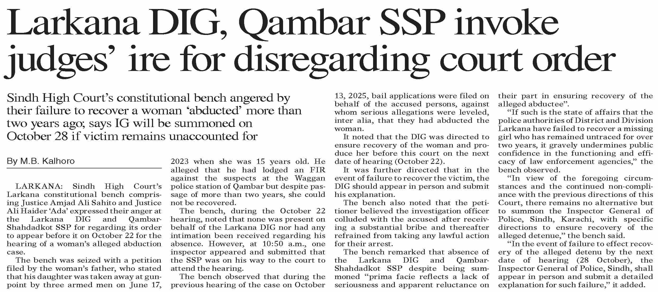 Dawn-ePaper | Oct 25, 2025 | Larkana DIG, Qambar SSP invoke judges` ire ...