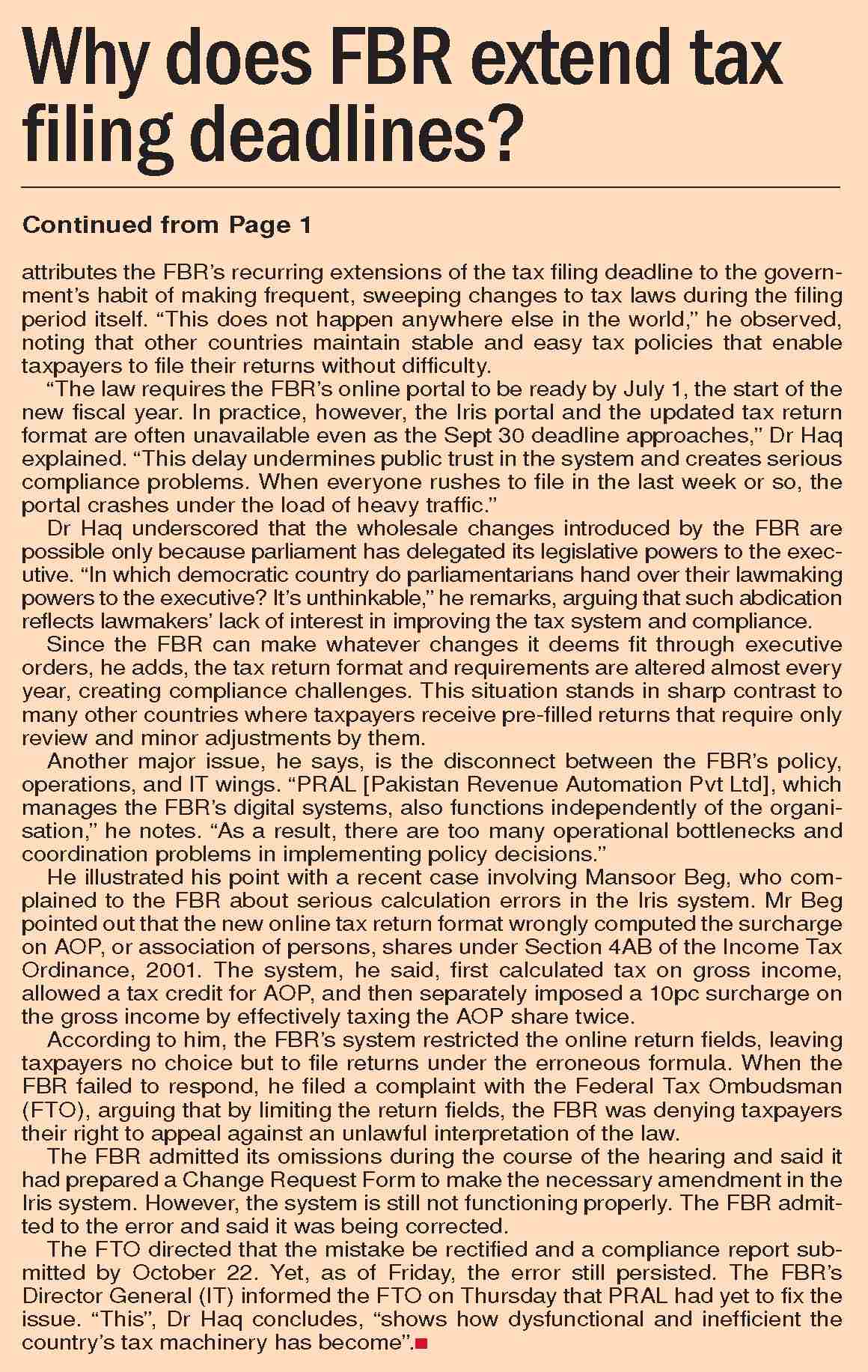 Dawn-ePaper | Oct 27, 2025 | Why does FBR extend tax filing deadlines?
