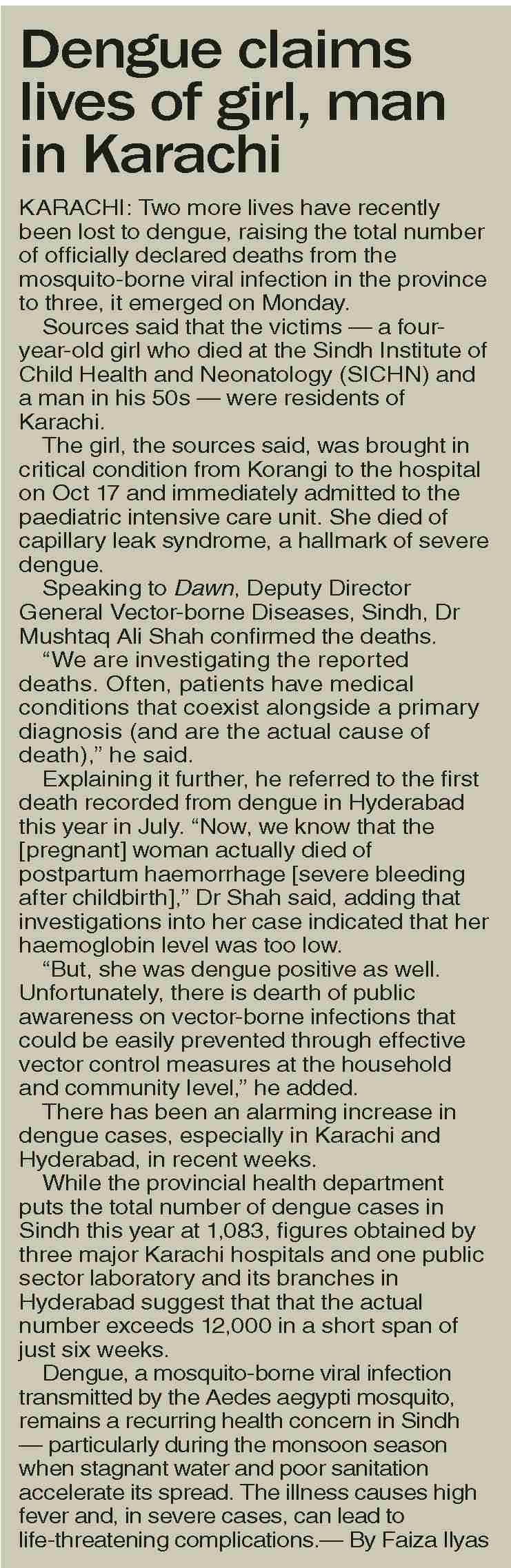 Dawn-ePaper | Oct 28, 2025 | Dengue claims lives of girl, man in Karachi