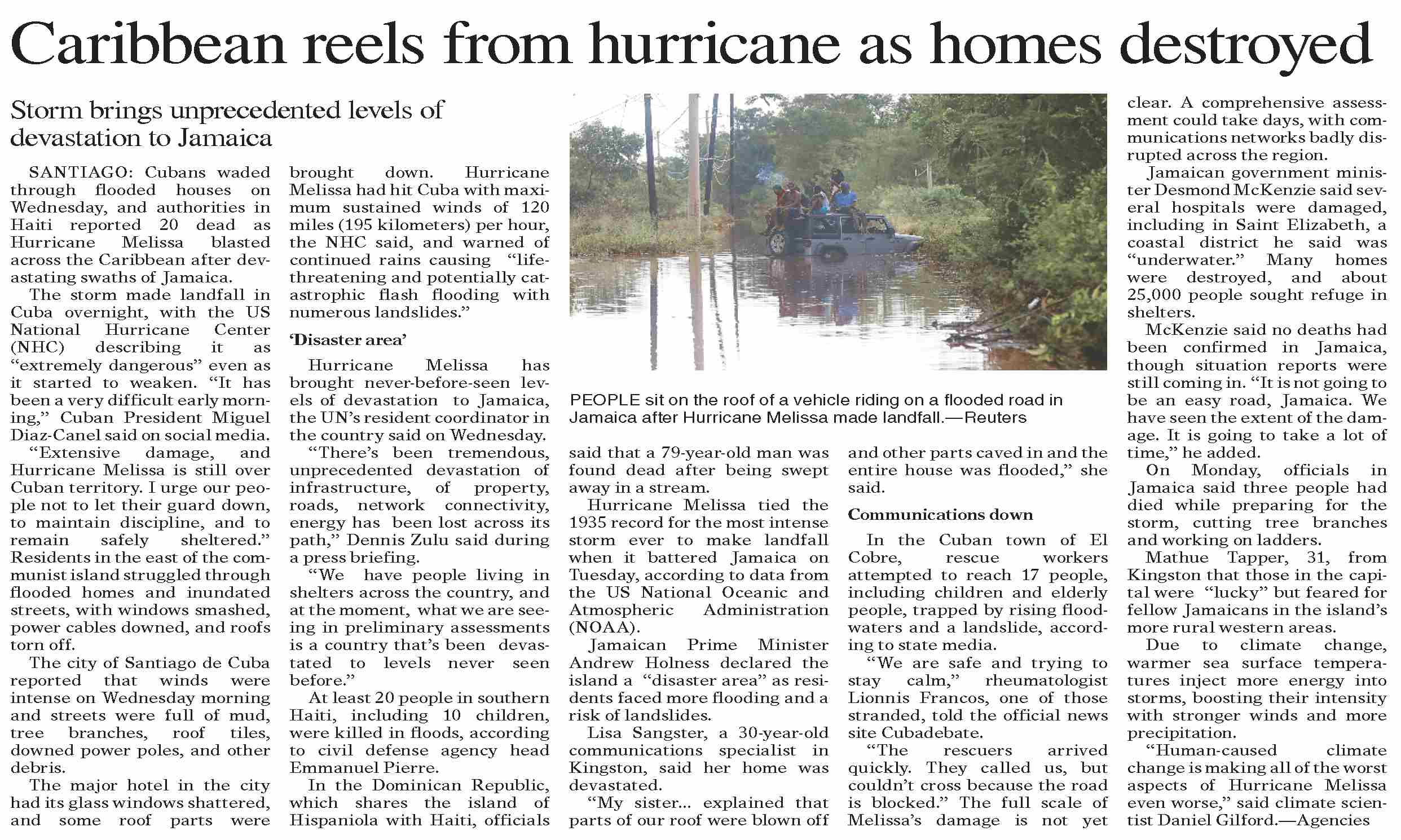Dawn-ePaper | Oct 30, 2025 | Caribbean reels from hurricane as homes ...