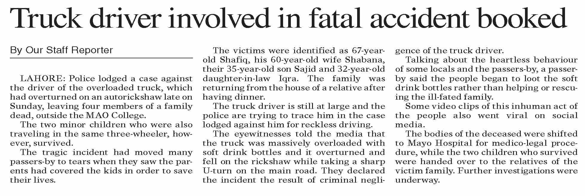 Dawn-ePaper | Nov 04, 2025 | Truck driver involved in fatal accident booked