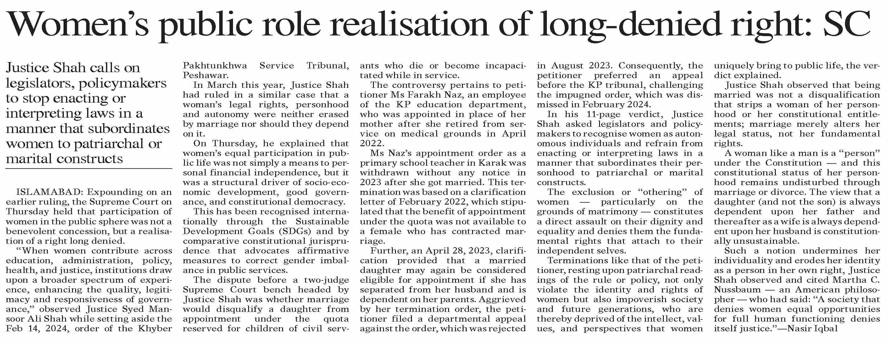 Dawn-ePaper | Nov 07, 2025 | Women`s public role realisation of long ...
