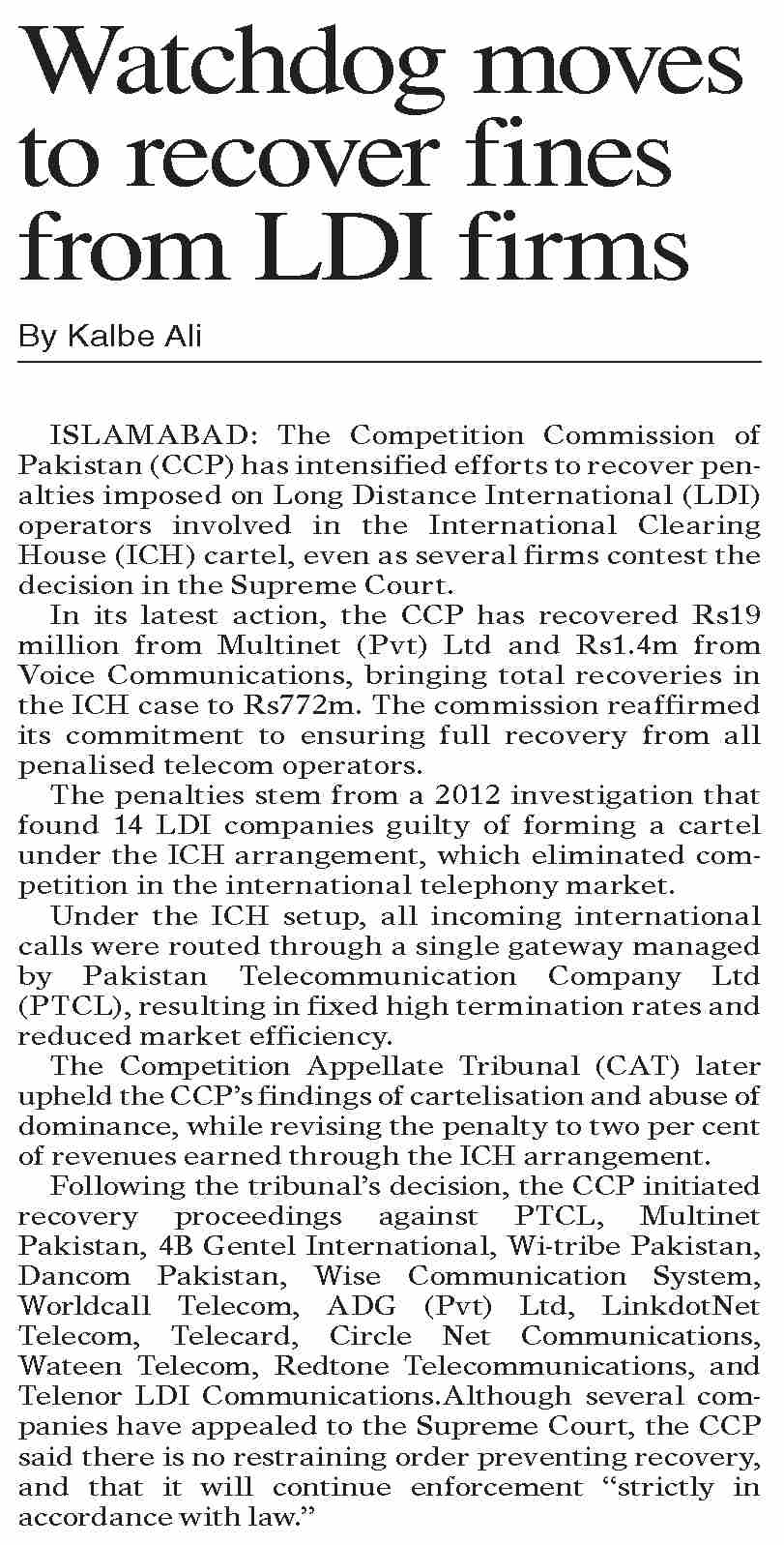 Dawn-ePaper | Nov 11, 2025 | Watchdog moves to recover fines from LDI firms