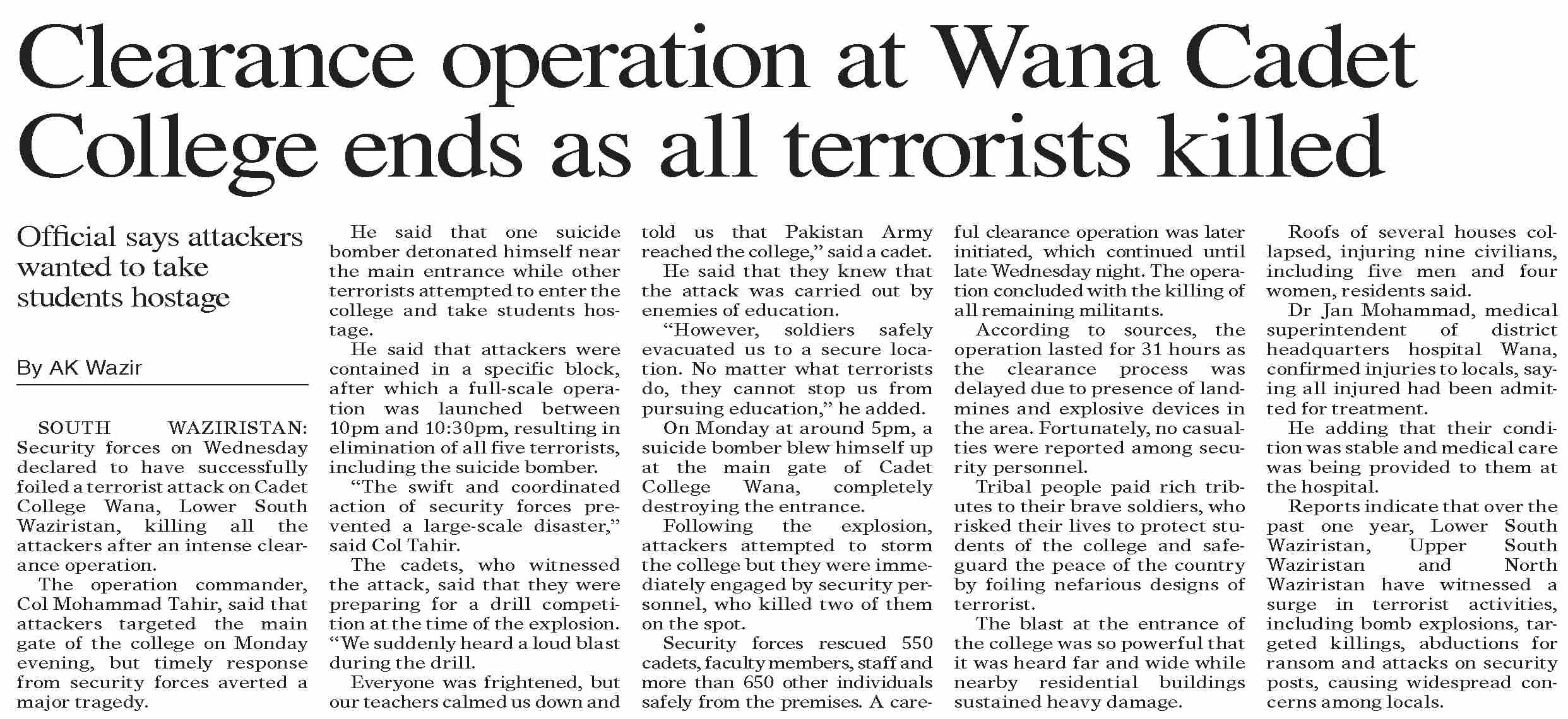 Dawn-ePaper | Nov 13, 2025 | Clearance operation at Wana Cadet College ...