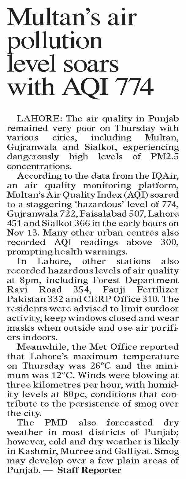 Dawn-ePaper | Nov 14, 2025 | Multan`s air pollution level soars with ...