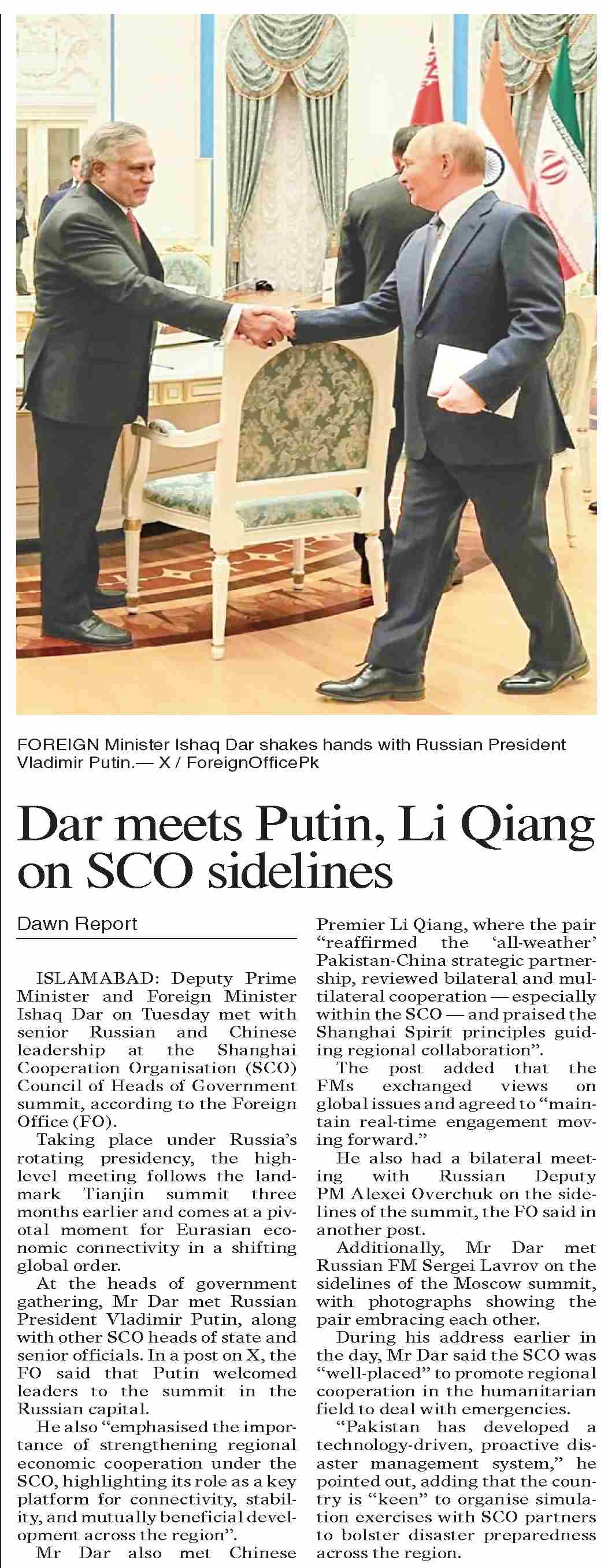 Dawn-ePaper | Nov 19, 2025 | Dar meets Putin, Li Qiang on SCO sidelines