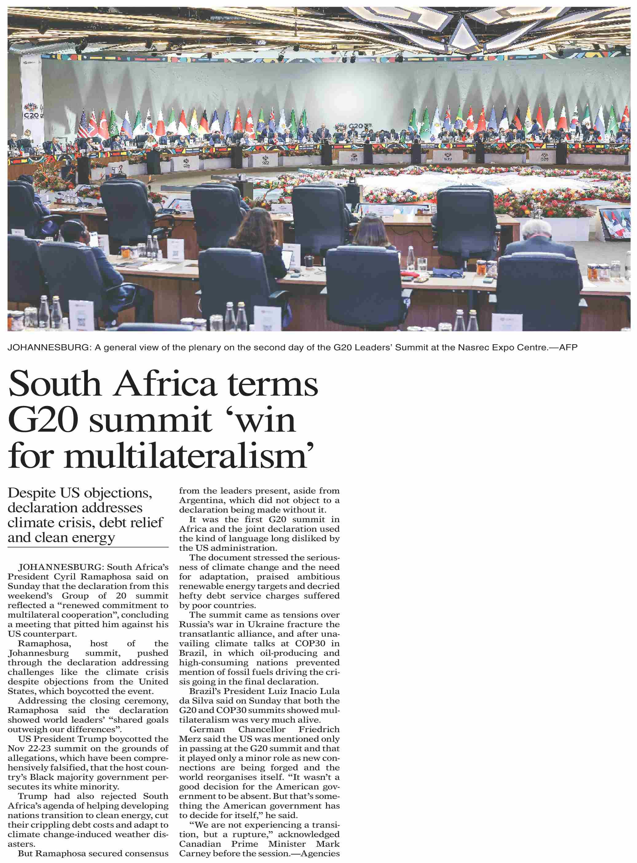 Dawn-ePaper | Nov 24, 2025 | South Africa terms G20 summit `win for ...
