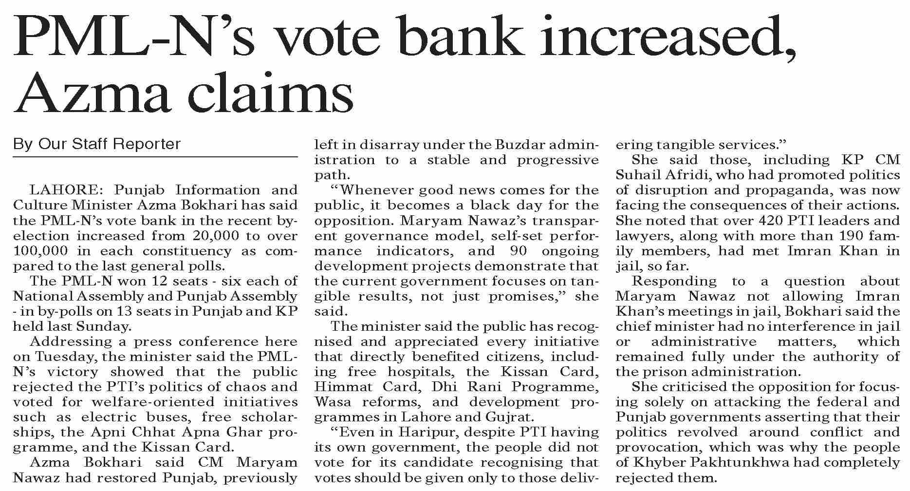 Dawn-ePaper | Nov 26, 2025 | PML-N`s vote bank increased, Azma claims