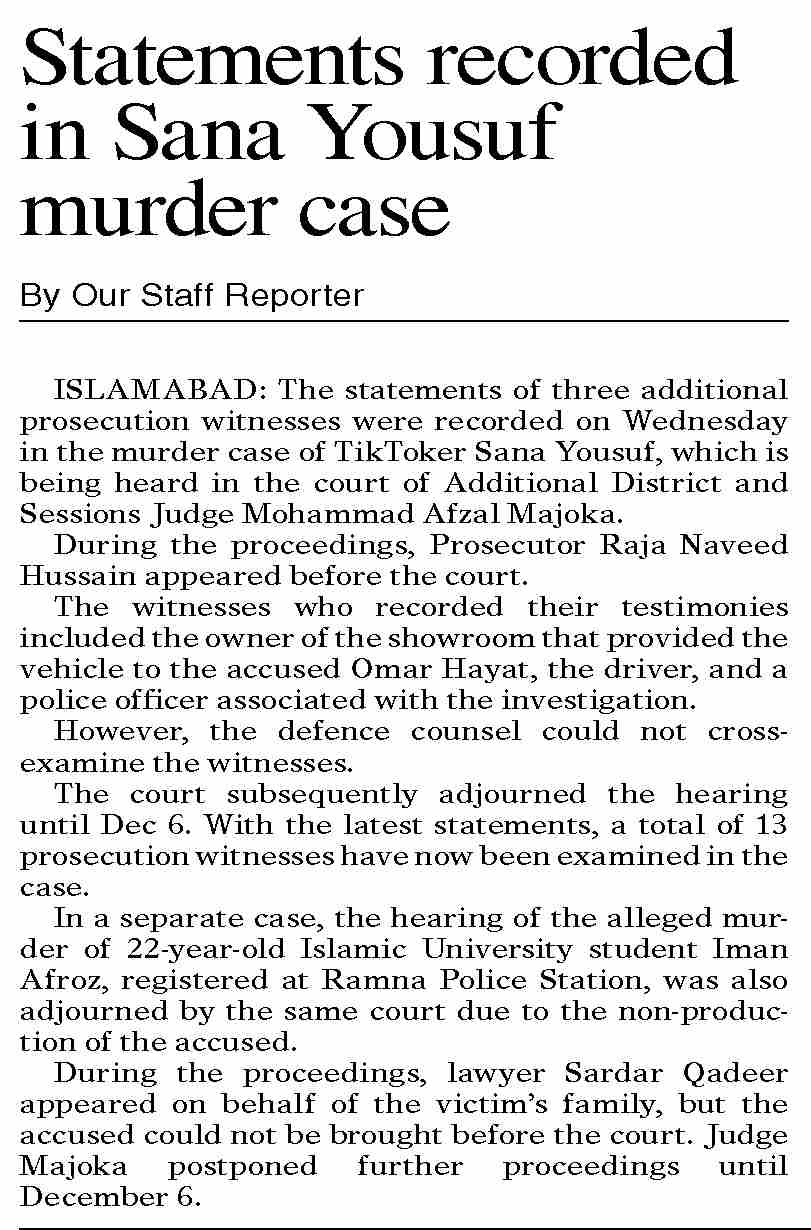 Dawn-ePaper | Nov 27, 2025 | Statements recorded in Sana Yousuf murder case