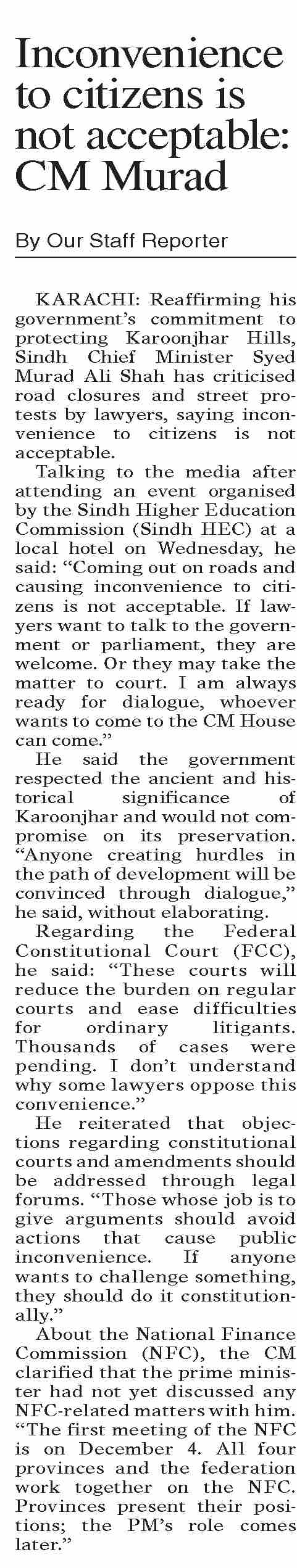 Dawn-ePaper | Nov 27, 2025 | Inconvenience to citizens is not acceptable: CM Murad