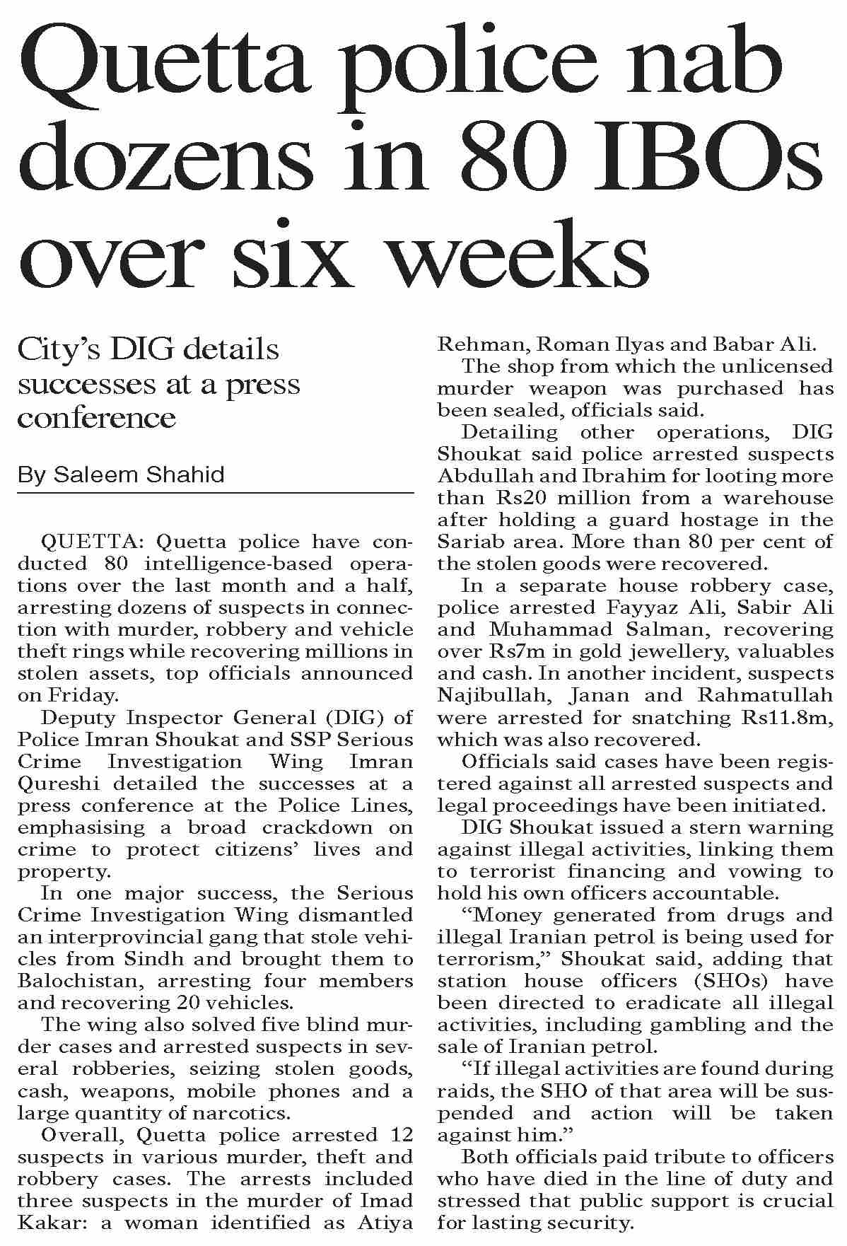 Dawn-ePaper | Nov 29, 2025 | Quetta police nab dozens in 80 IBOs over ...