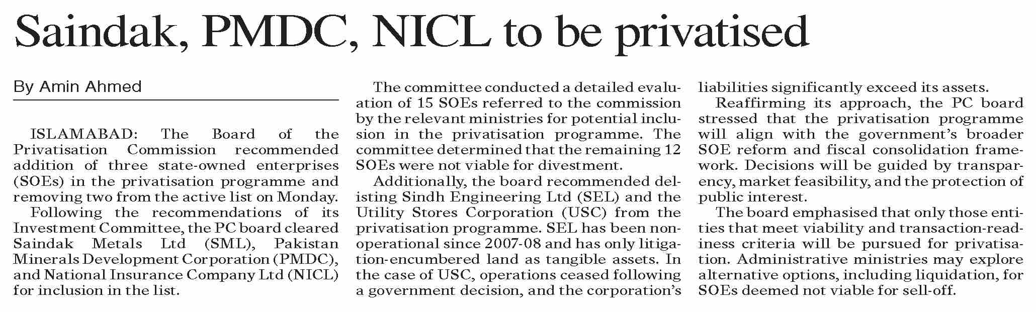Dawn-ePaper | Dec 02, 2025 | Saindak, PMDC, NICL to be privatised