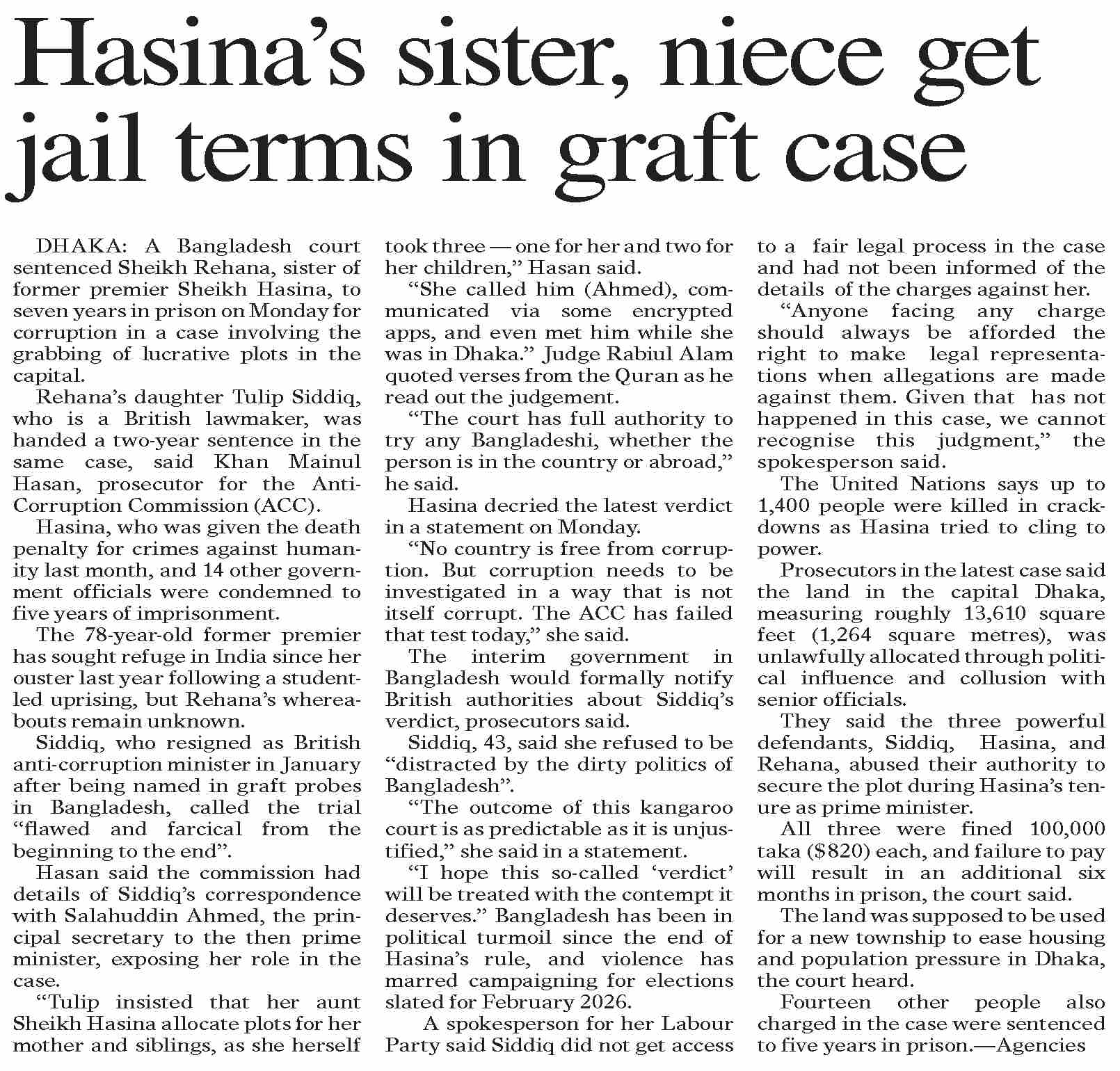 Dawn-ePaper | Dec 02, 2025 | Hasina`s sister, niece get jail terms in ...