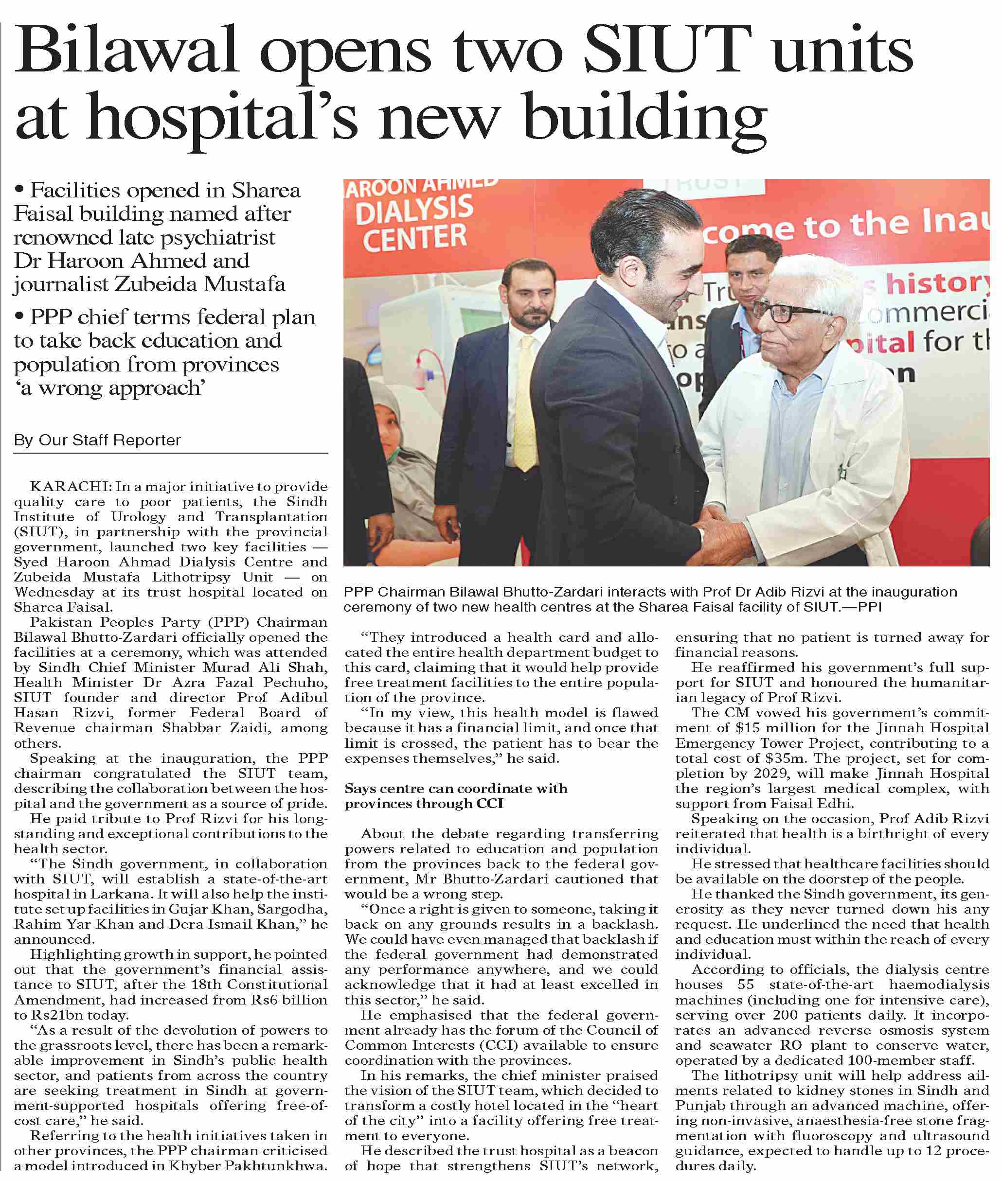 Dawn-ePaper | Dec 04, 2025 | Bilawal opens two SIUT units at hospital`s ...