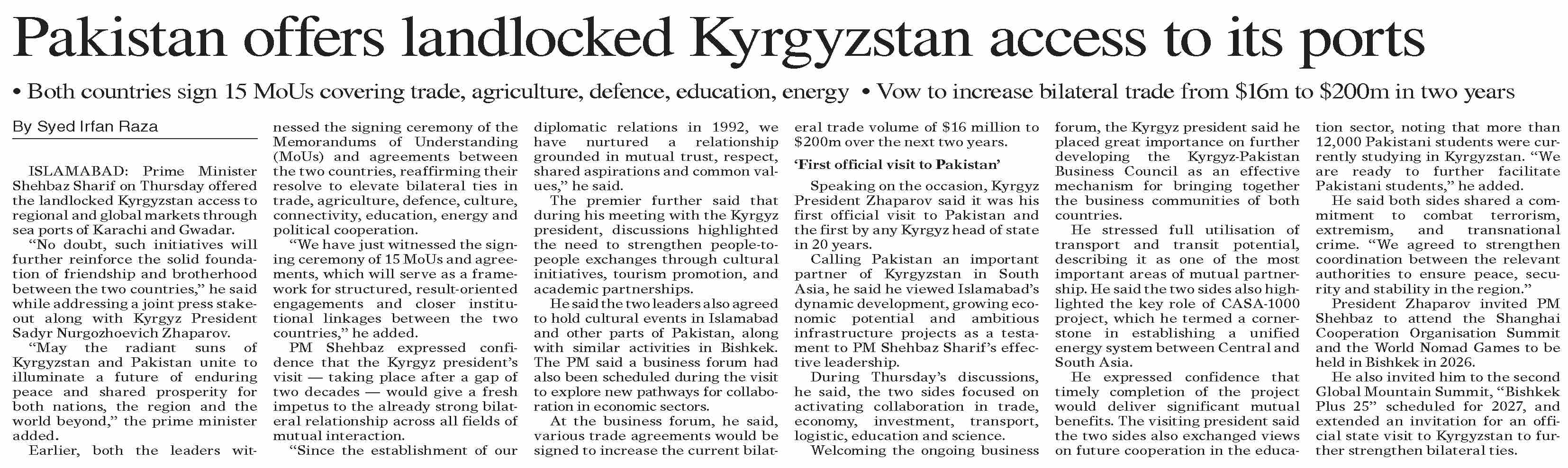 Dawn-ePaper | Dec 05, 2025 | Pakistan offers landlocked Kyrgyzstan ...