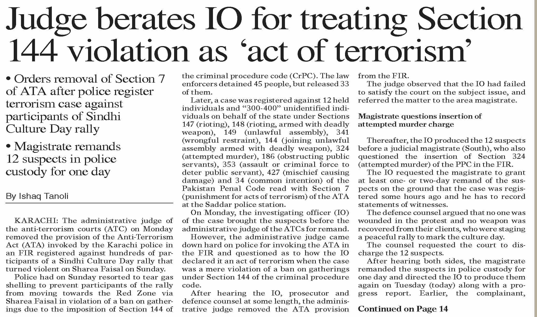 Dawn-ePaper | Dec 09, 2025 | Judge berates IO for treating Section 144 ...