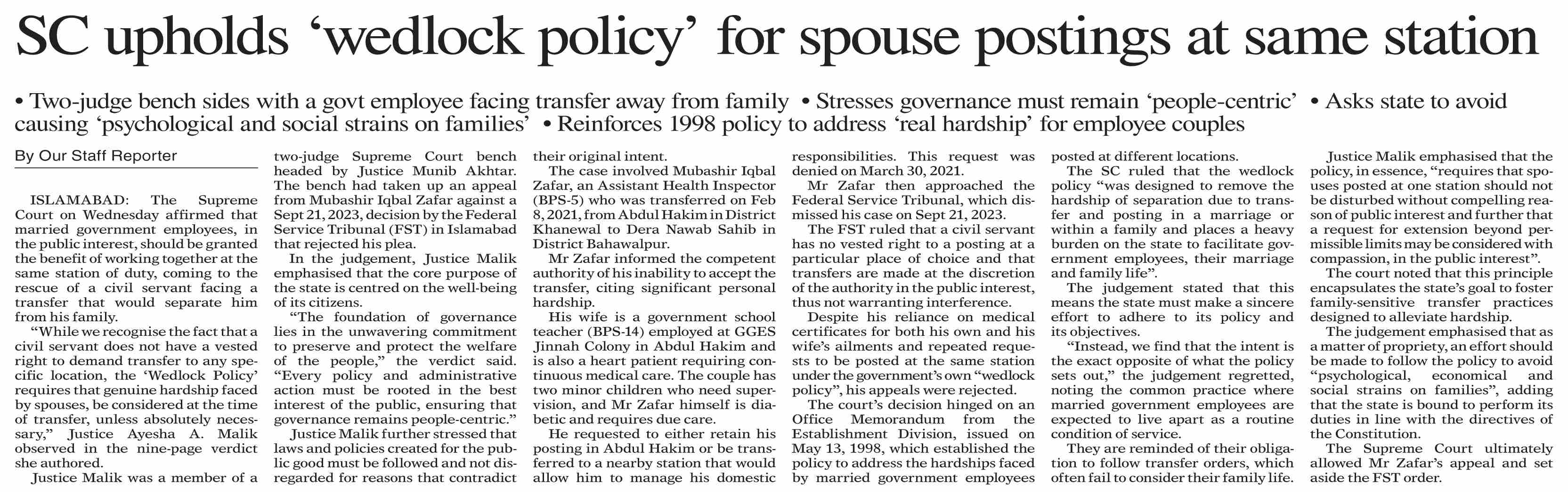 Dawn-ePaper | Dec 11, 2025 | SC upholds `wedlock policy` for spouse ...