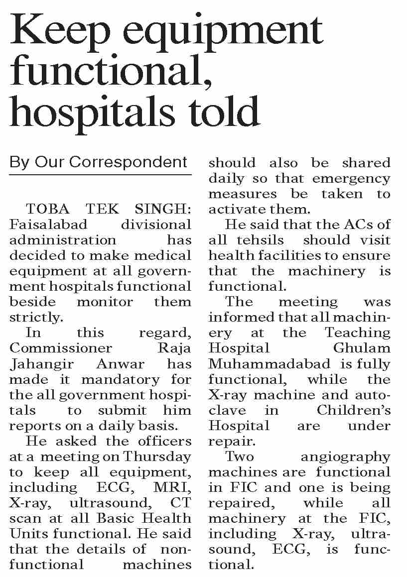 Dawn-ePaper | Dec 12, 2025 | Keep equipment functional, hospitals told