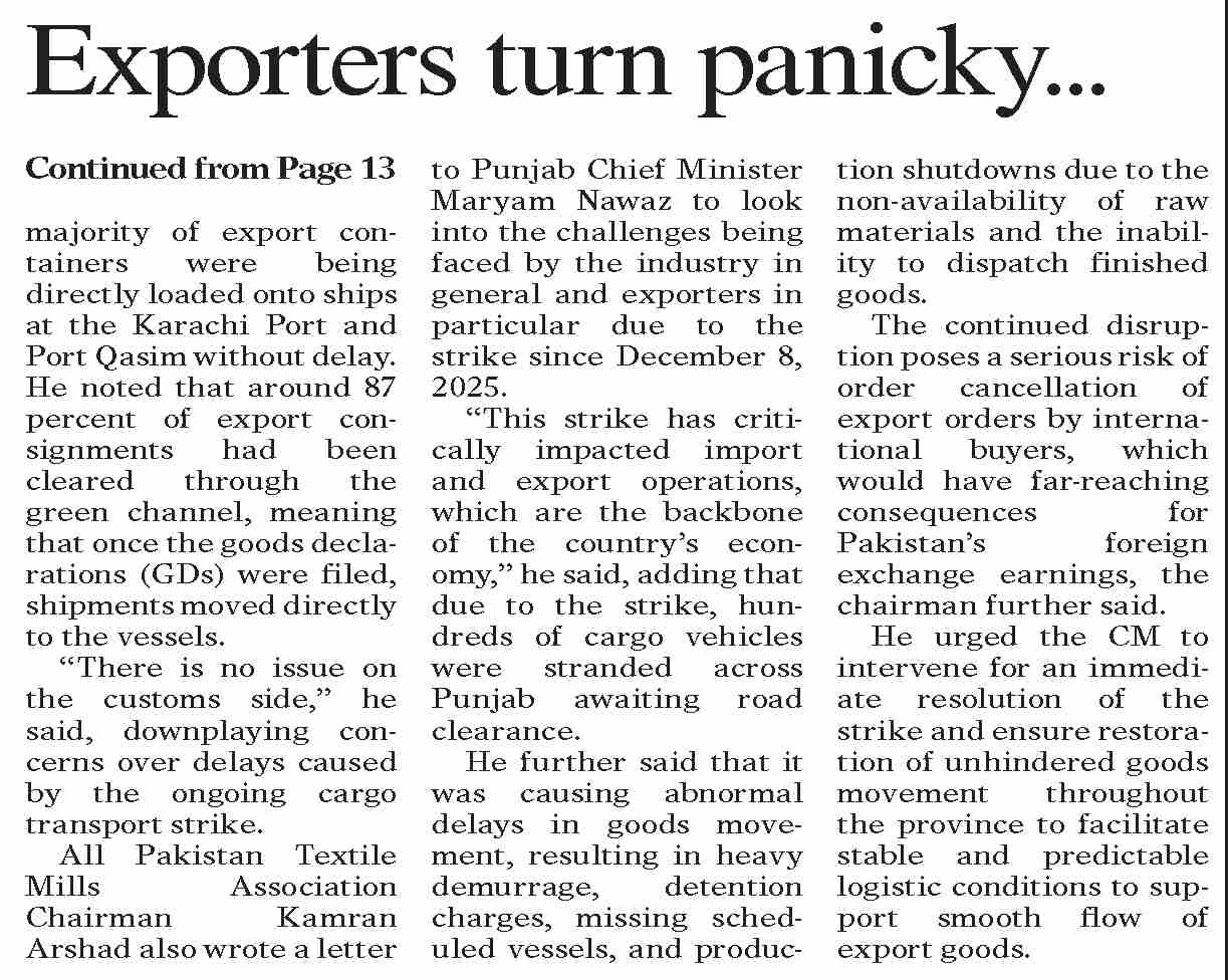 Dawn-ePaper | Dec 12, 2025 | Exporters turn panicky...