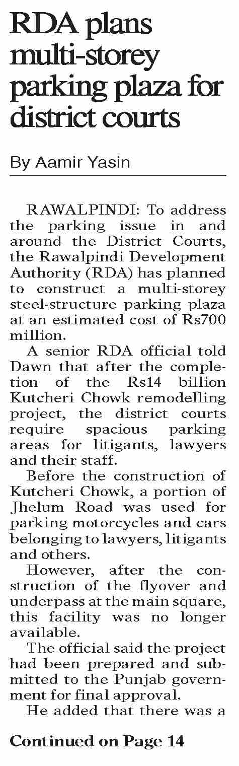 Dawn-ePaper | Dec 14, 2025 | RDA plans multi-storey parking plaza for ...