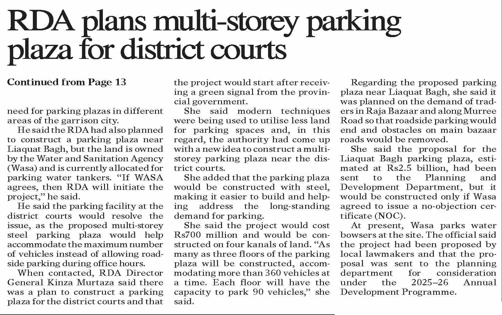 Dawn-ePaper | Dec 14, 2025 | RDA plans multi-storey parking plaza for ...