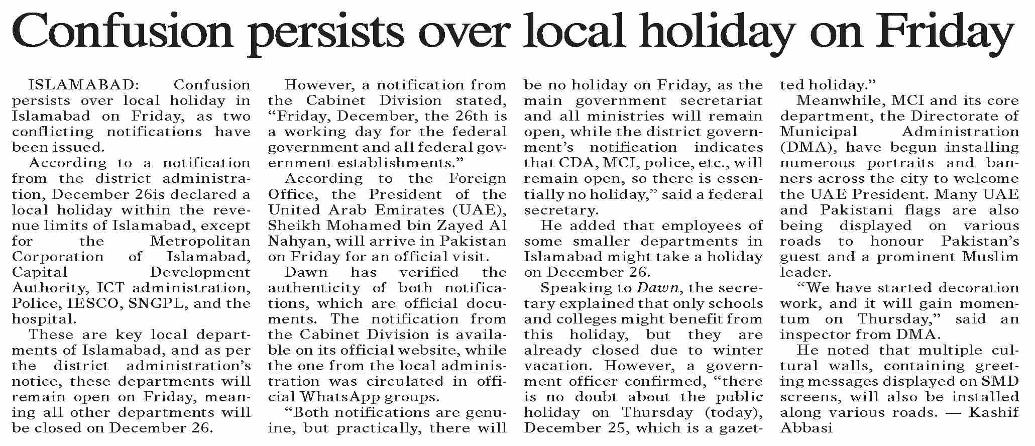 Dawn-ePaper | Dec 25, 2025 | Confusion persists over local holiday on ...