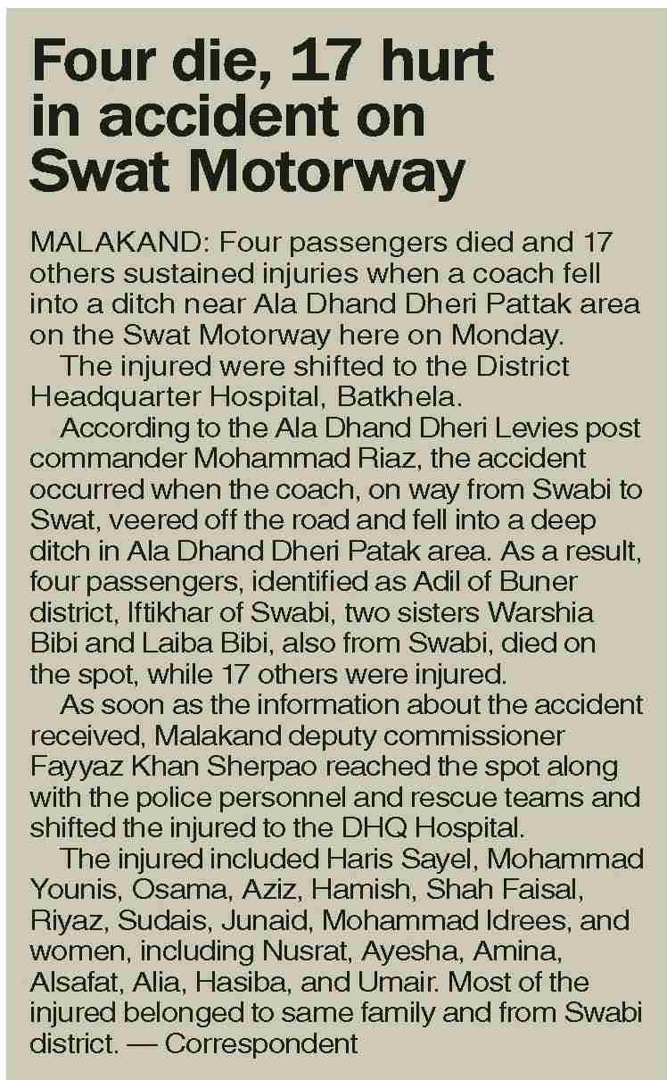 Dawn-ePaper | Dec 30, 2025 | Four die, 17 hurt in accident on Swat Motorway