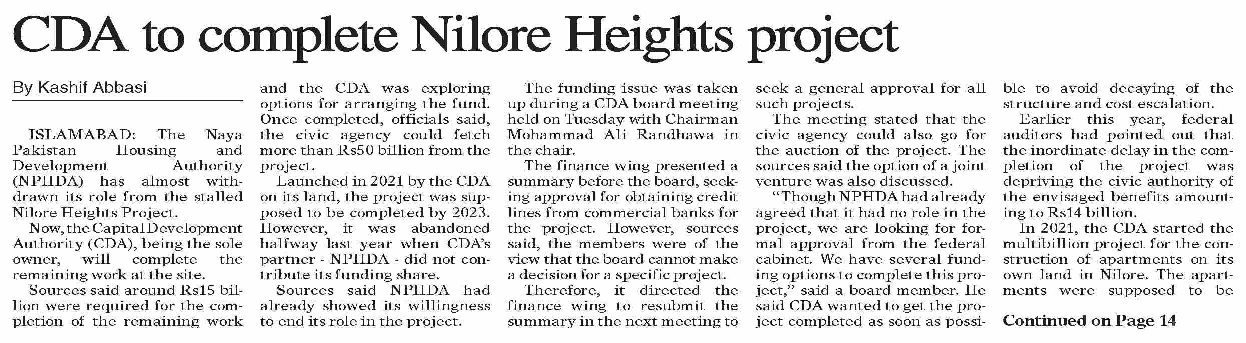 Dawn-ePaper | Dec 31, 2025 | CDA to complete Nilore Heights project