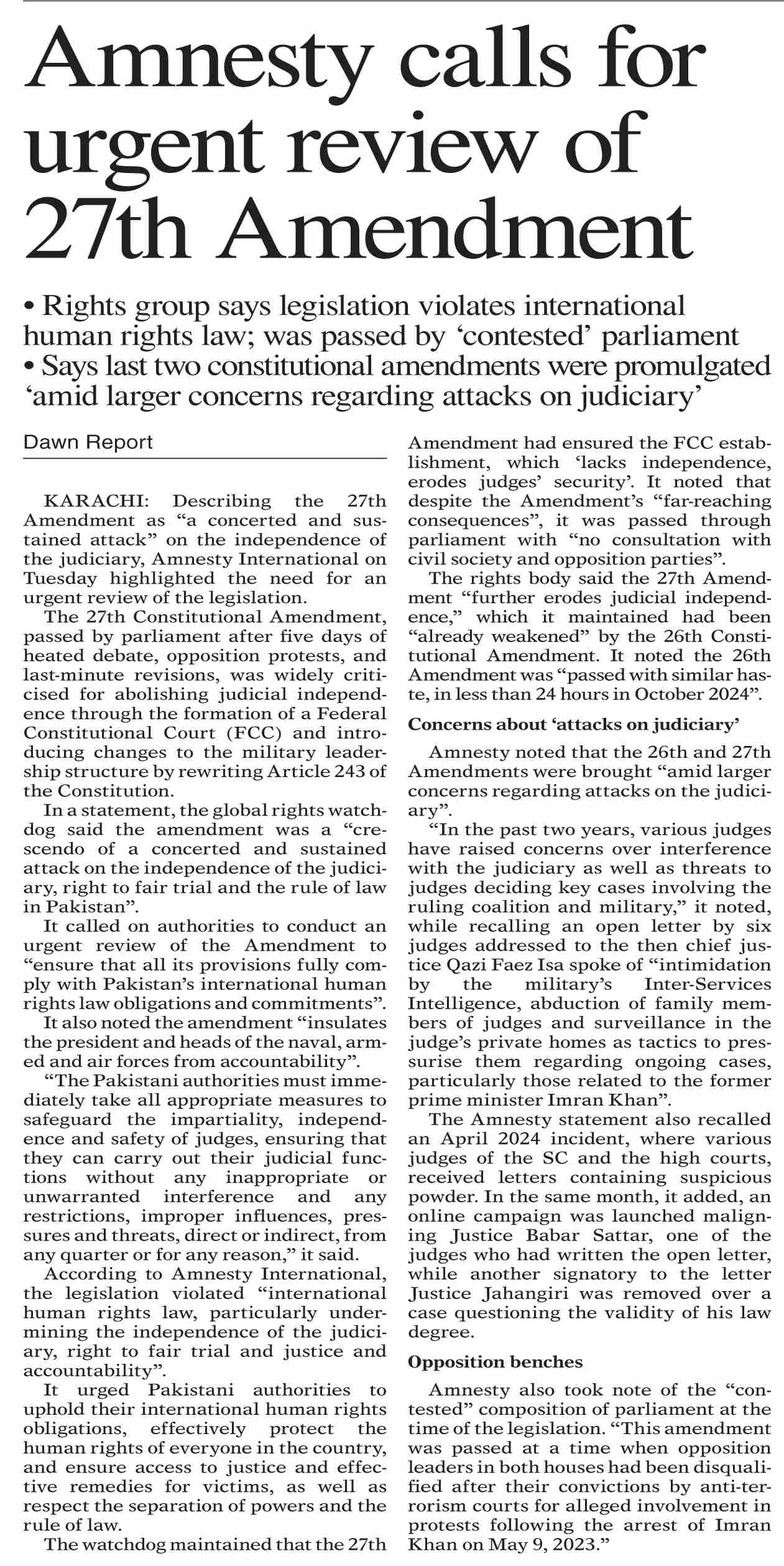 Dawn-ePaper | Jan 07, 2026 | Amnesty calls for urgent review of 27th ...