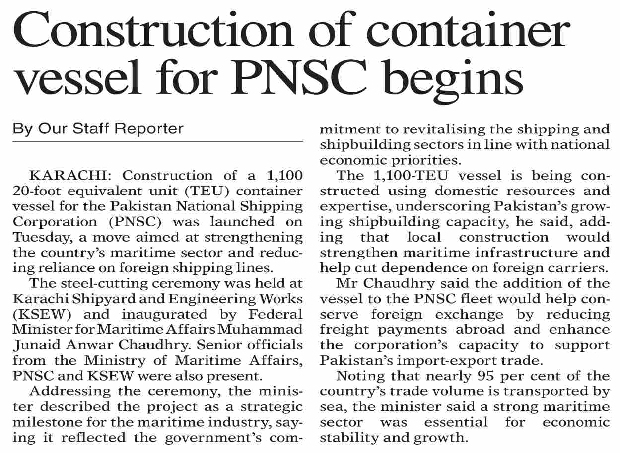 Dawn-ePaper | Jan 07, 2026 | Construction of container vessel for PNSC ...