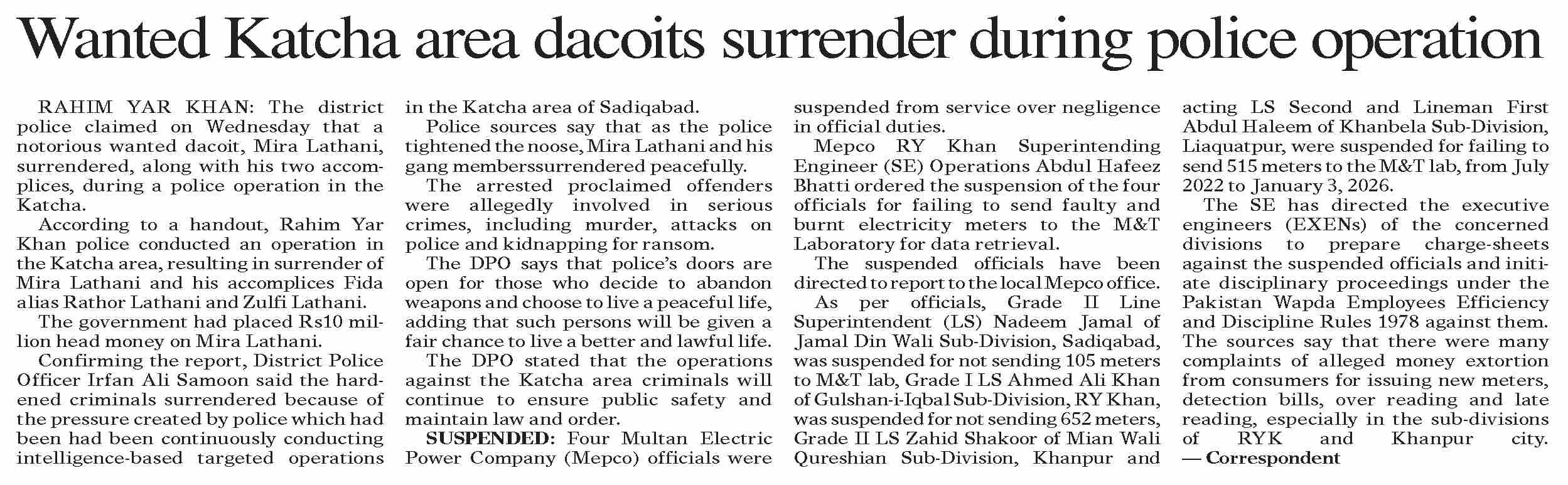 Dawn-ePaper | Jan 08, 2026 | Wanted Katcha area dacoits surrender ...