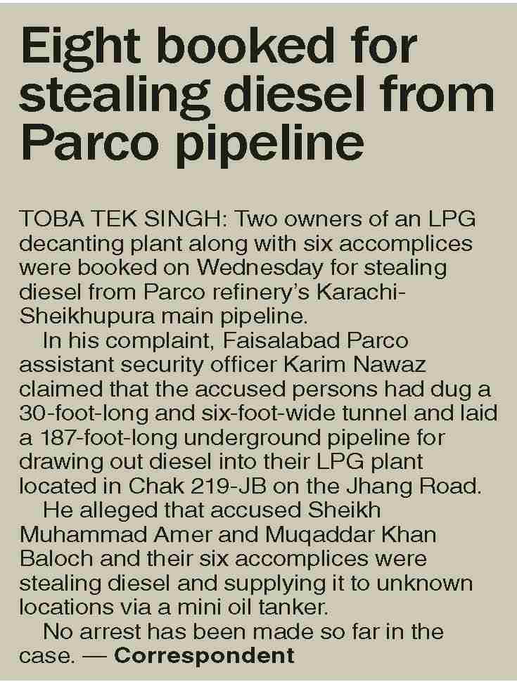 Dawn-ePaper | Jan 08, 2026 | Eight booked for stealing diesel from ...