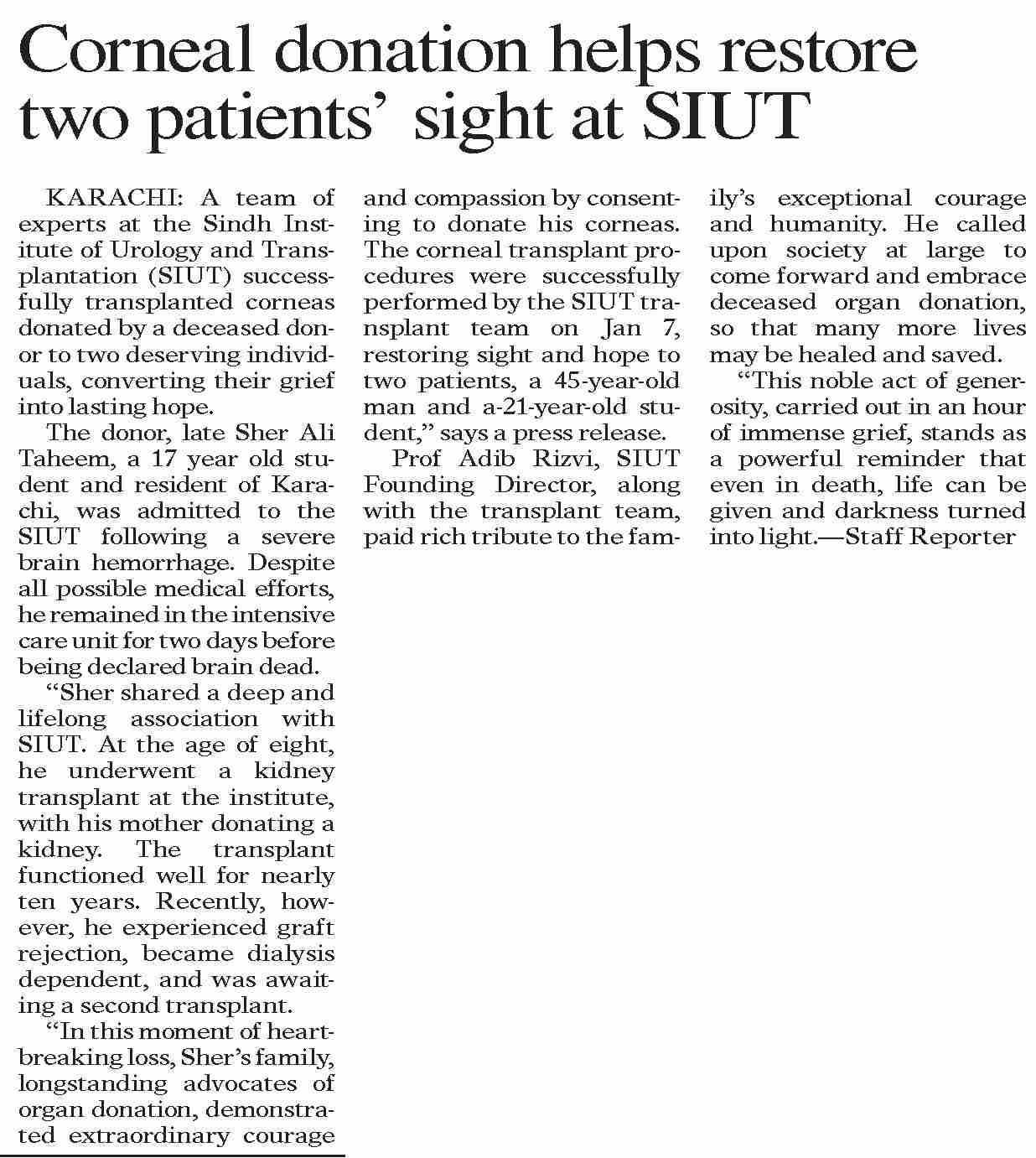 Dawn-ePaper | Jan 09, 2026 | Corneal donation helps restore two ...