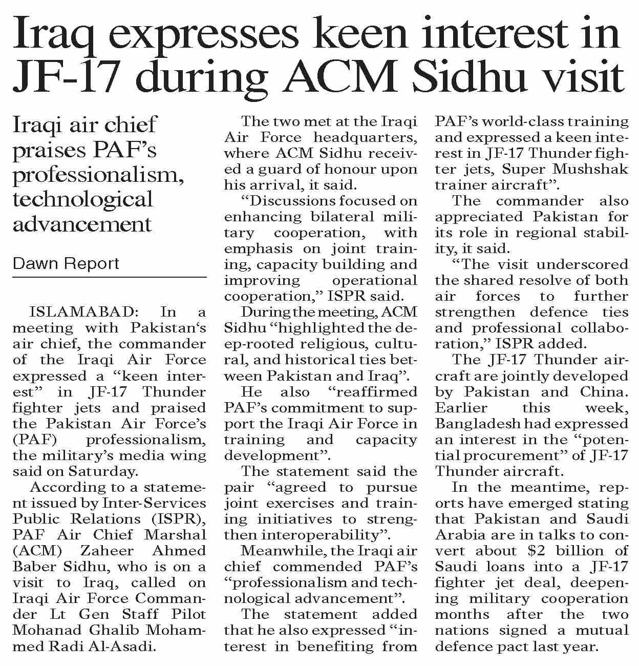 Dawn-ePaper | Jan 11, 2026 | Iraq expresses keen interest in JF-17 ...