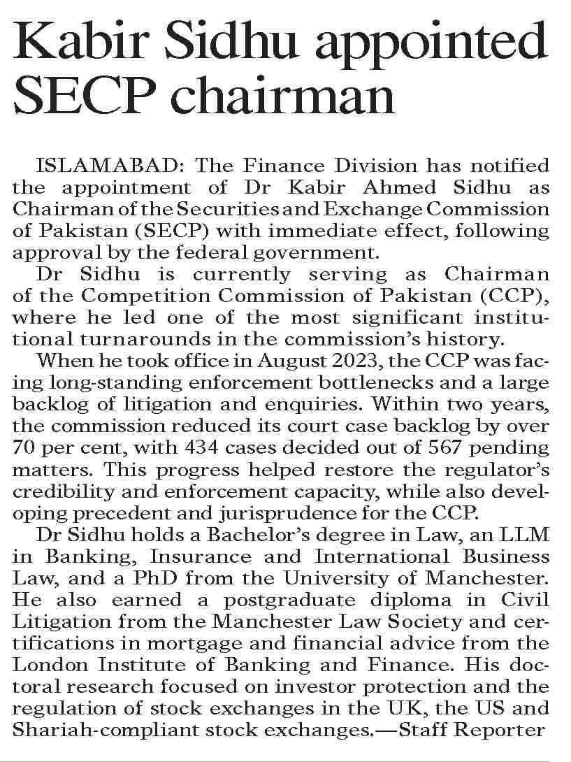 Dawn-ePaper | Jan 11, 2026 | Kabir Sidhu appointed SECP chairman